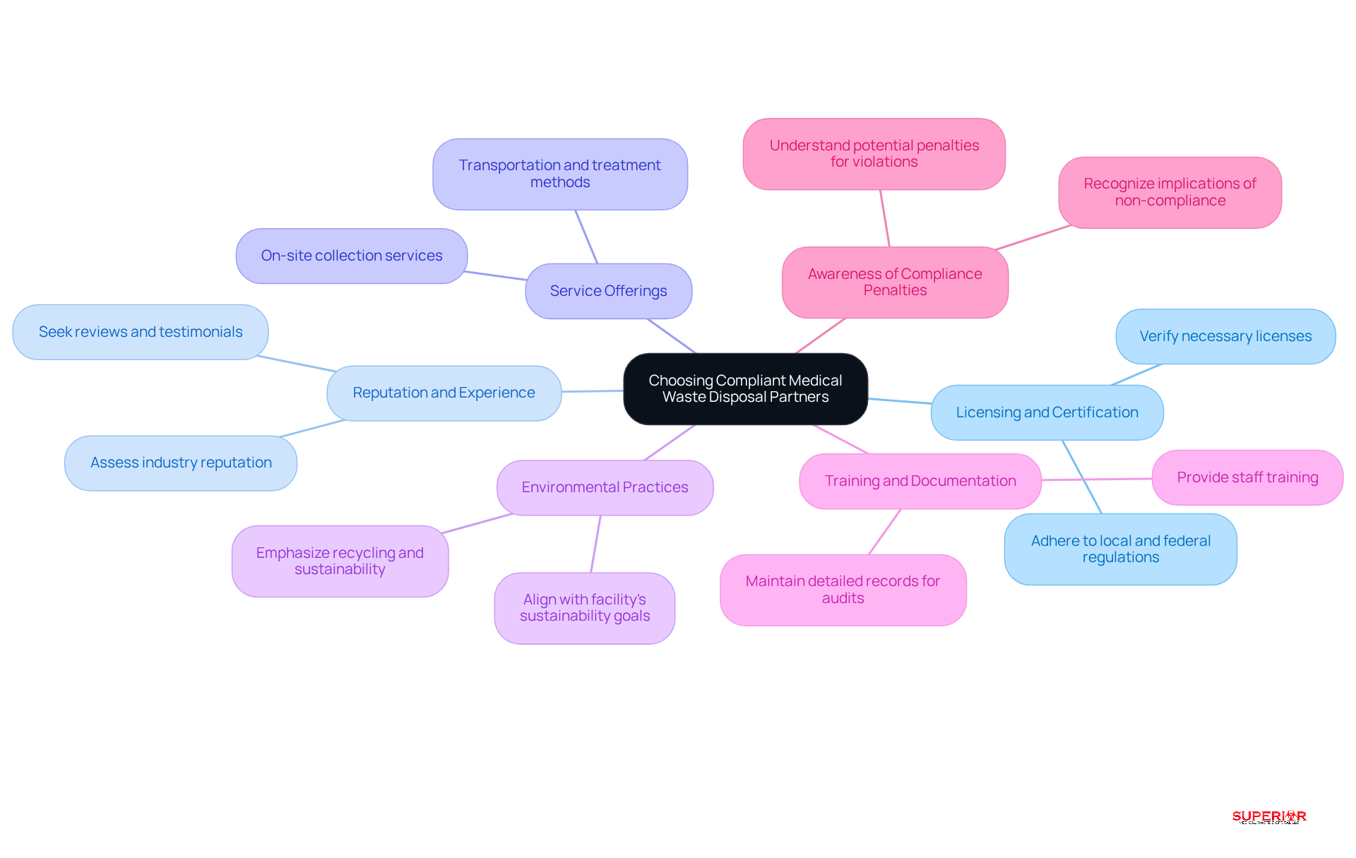 The central node represents the main decision, while each branch highlights a key consideration. Sub-points provide additional details, helping you understand what to look for in a compliant partner.