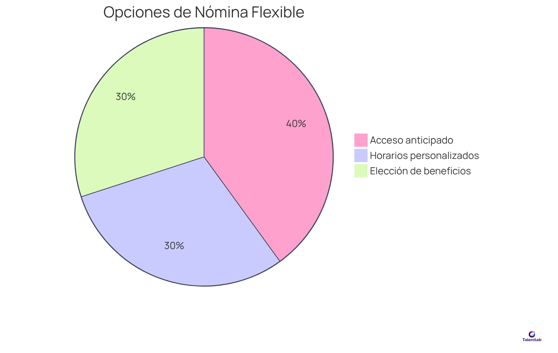 Cada segmento del gráfico representa una opción de nómina flexible. Cuanto más grande sea el segmento, más importante es esa opción para los empleados. Esto ayuda a entender qué beneficios son más valorados en el entorno laboral actual.