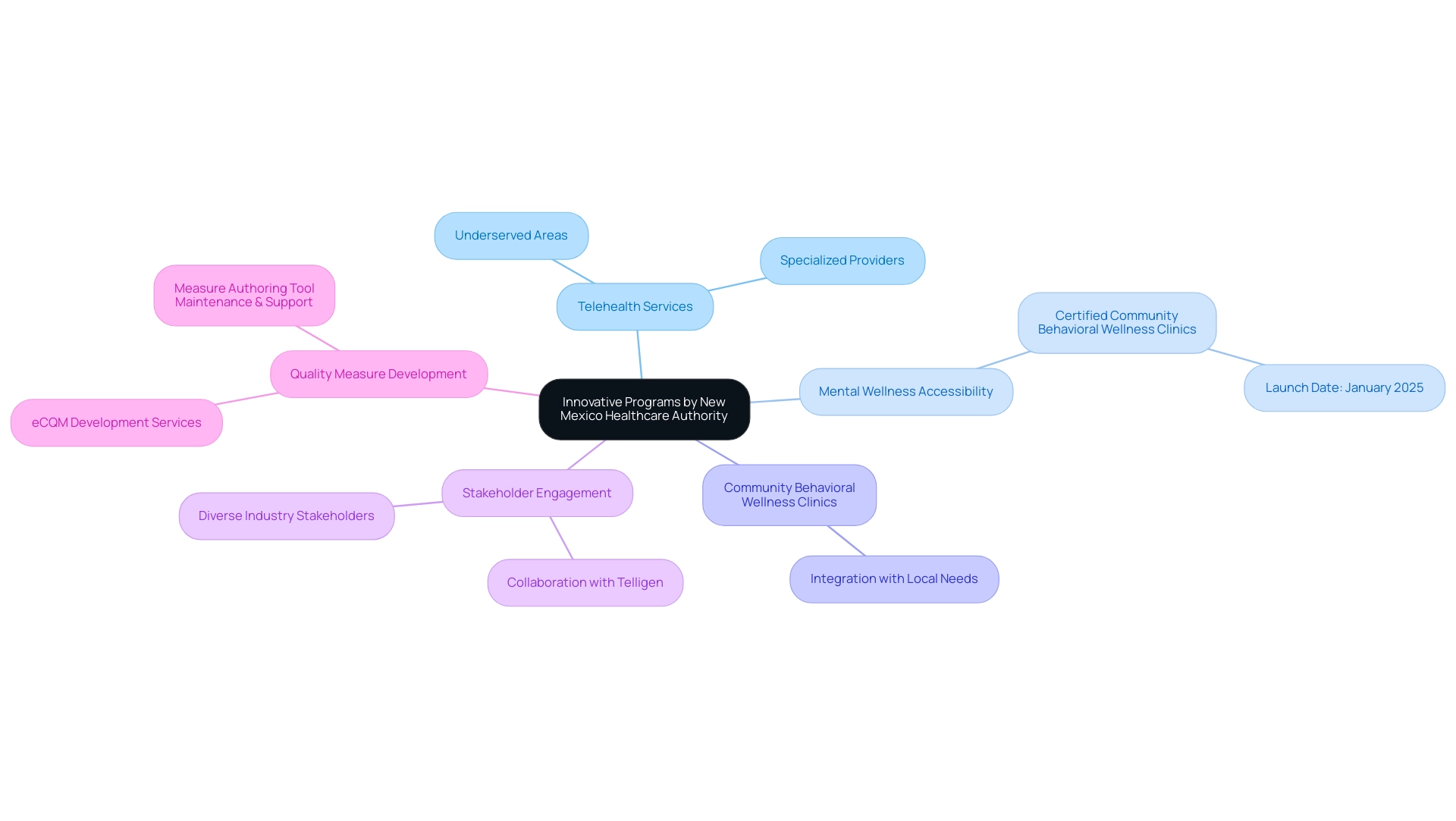 The central node represents the overarching strategy, with branches detailing key initiatives and their interconnections.