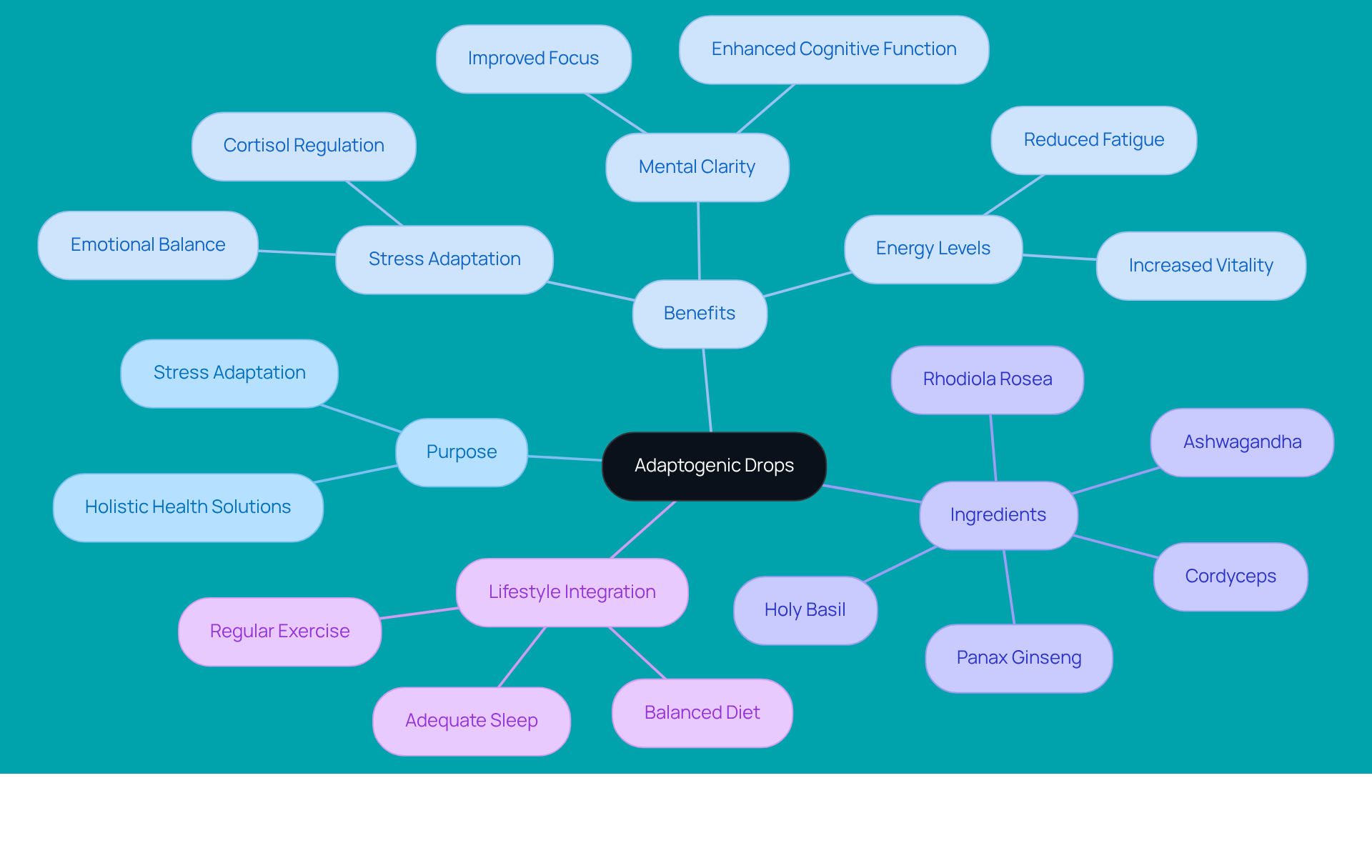 The center represents adaptogenic drops, and the branches show their purpose and benefits. Each color-coded branch helps you see how these drops can fit into a holistic health approach.