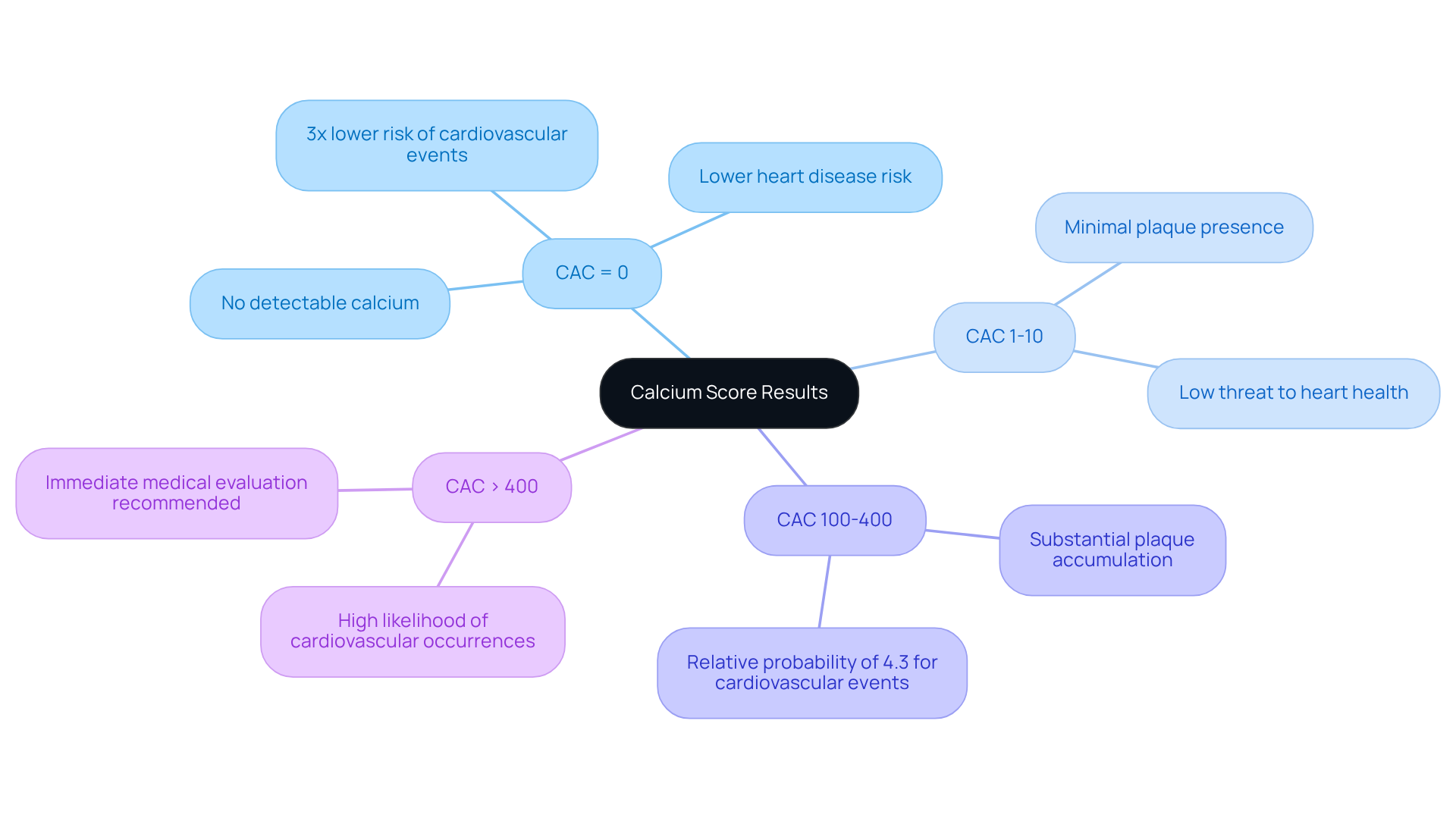 The center node represents the calcium scores, and the branches illustrate the implications of different score ranges. Follow each branch to see how scores relate to heart health risks. The center node represents the calcium scores, and the branches illustrate the implications of different score ranges. Follow each branch to see how scores relate to heart health risks.