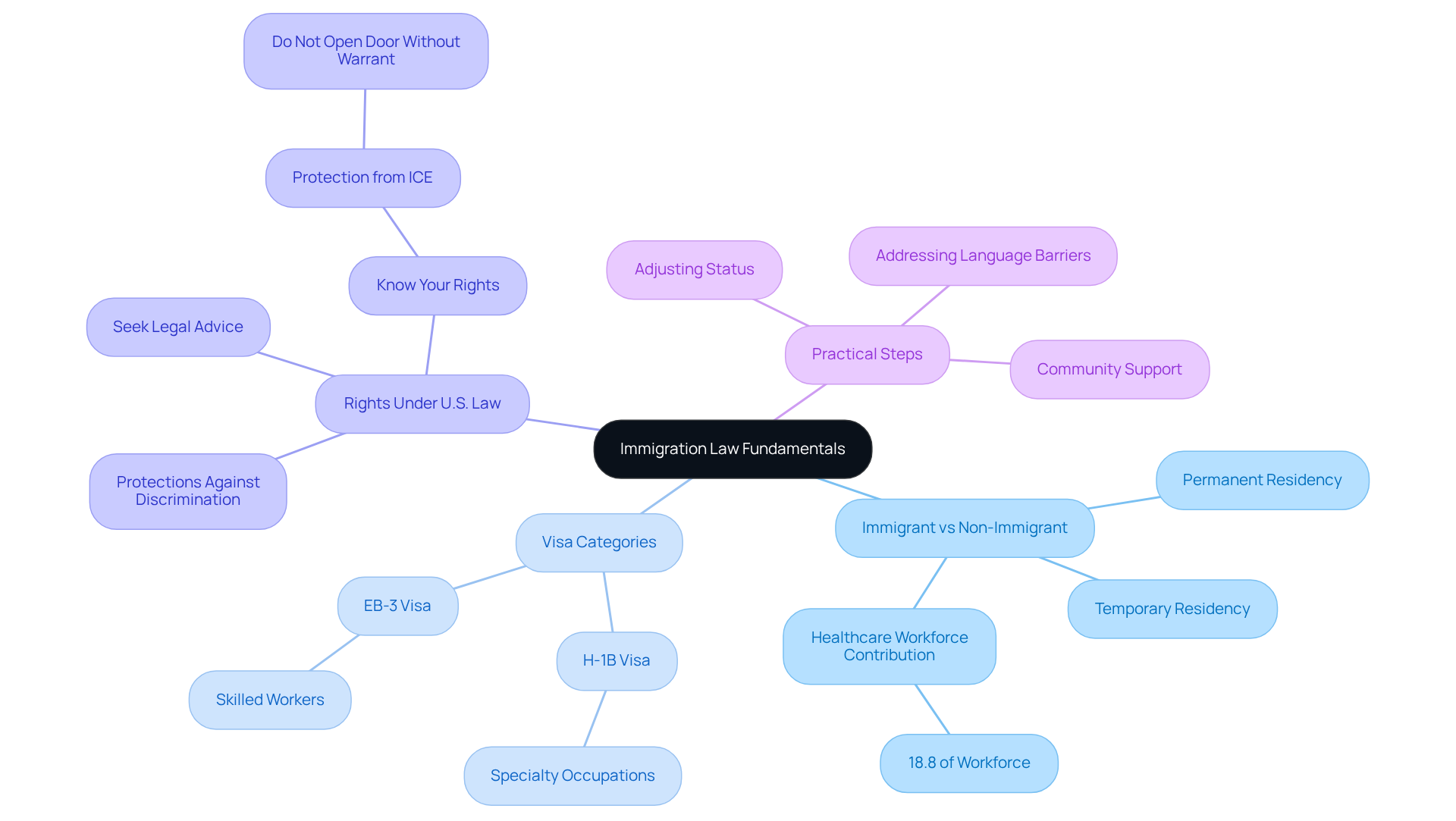 This mindmap helps you understand the basics of immigration law as it relates to healthcare professionals. Start at the center with the main topic, then explore the branches to learn about different visa types, your rights, and practical steps to take if you face legal challenges.