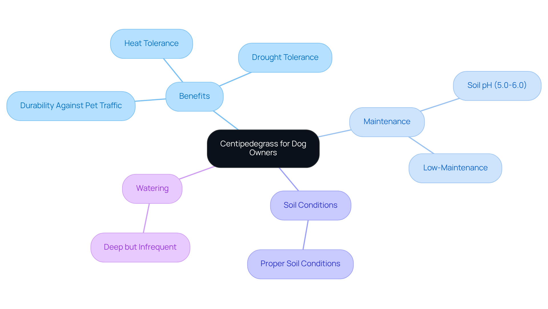 This mindmap shows how Centipedegrass is the best choice for dog owners. Start at the center with the main idea, then follow the branches to see its benefits, maintenance tips, and how to care for it. Each branch highlights important aspects that make it a great lawn option for energetic pets. This mindmap shows how Centipedegrass is the best choice for dog owners. Start at the center with the main idea, then follow the branches to see its benefits, maintenance tips, and how to care for it. Each branch highlights important aspects that make it a great lawn option for energetic pets.