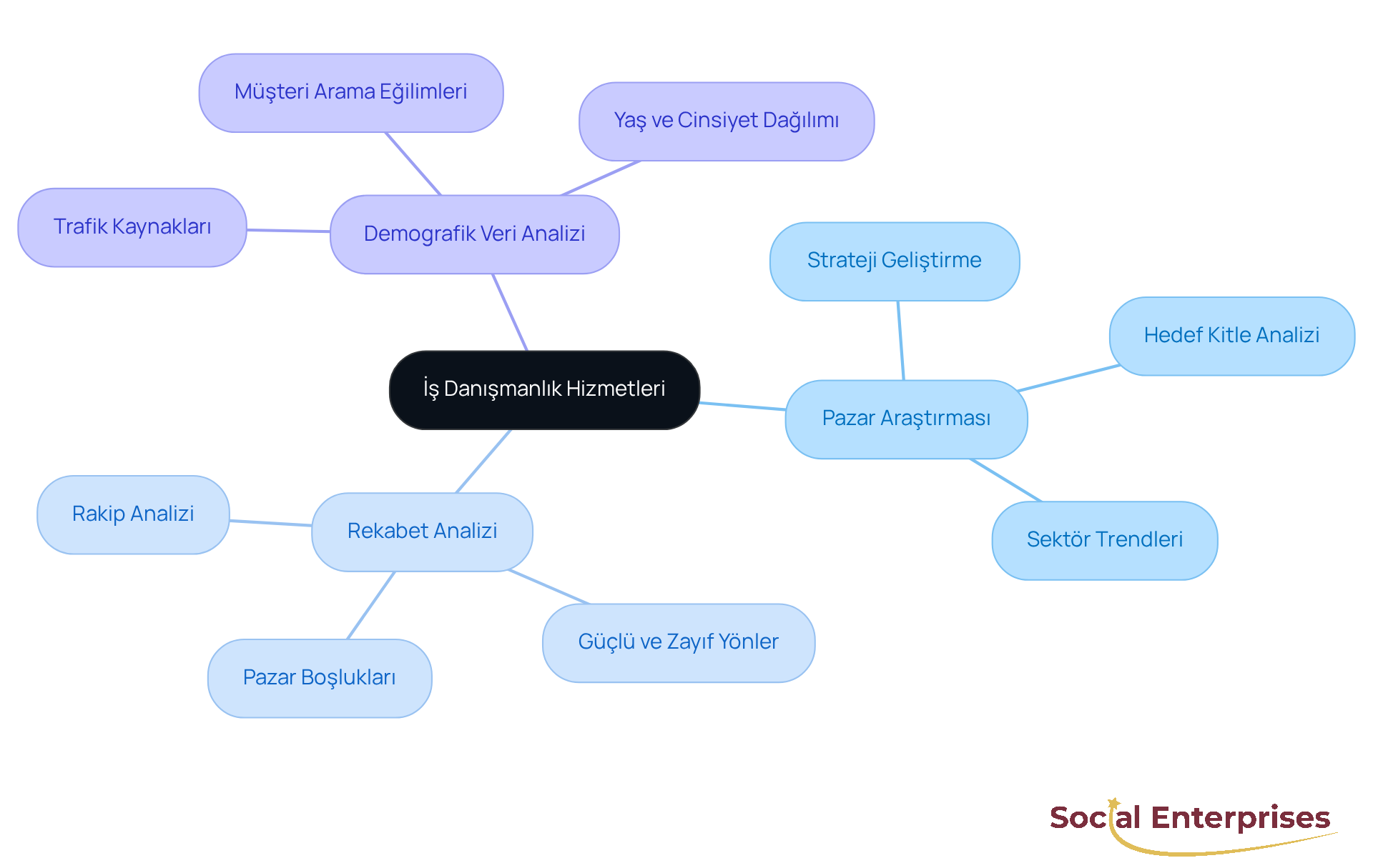 Merkezdeki düğüm iş danışmanlık hizmetlerini temsil ediyor. Dallar, bu hizmetlerin sunduğu önemli alanları gösteriyor. Renkler, her bir konunun nasıl farklılaştığını daha iyi anlamanızı sağlıyor.
