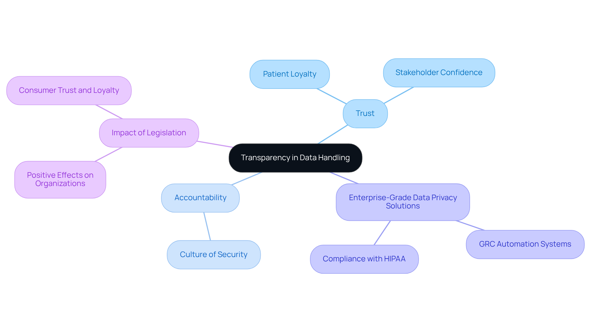 The central idea is transparency, with branches showing how it relates to trust and accountability, along with examples of solutions and their impacts.