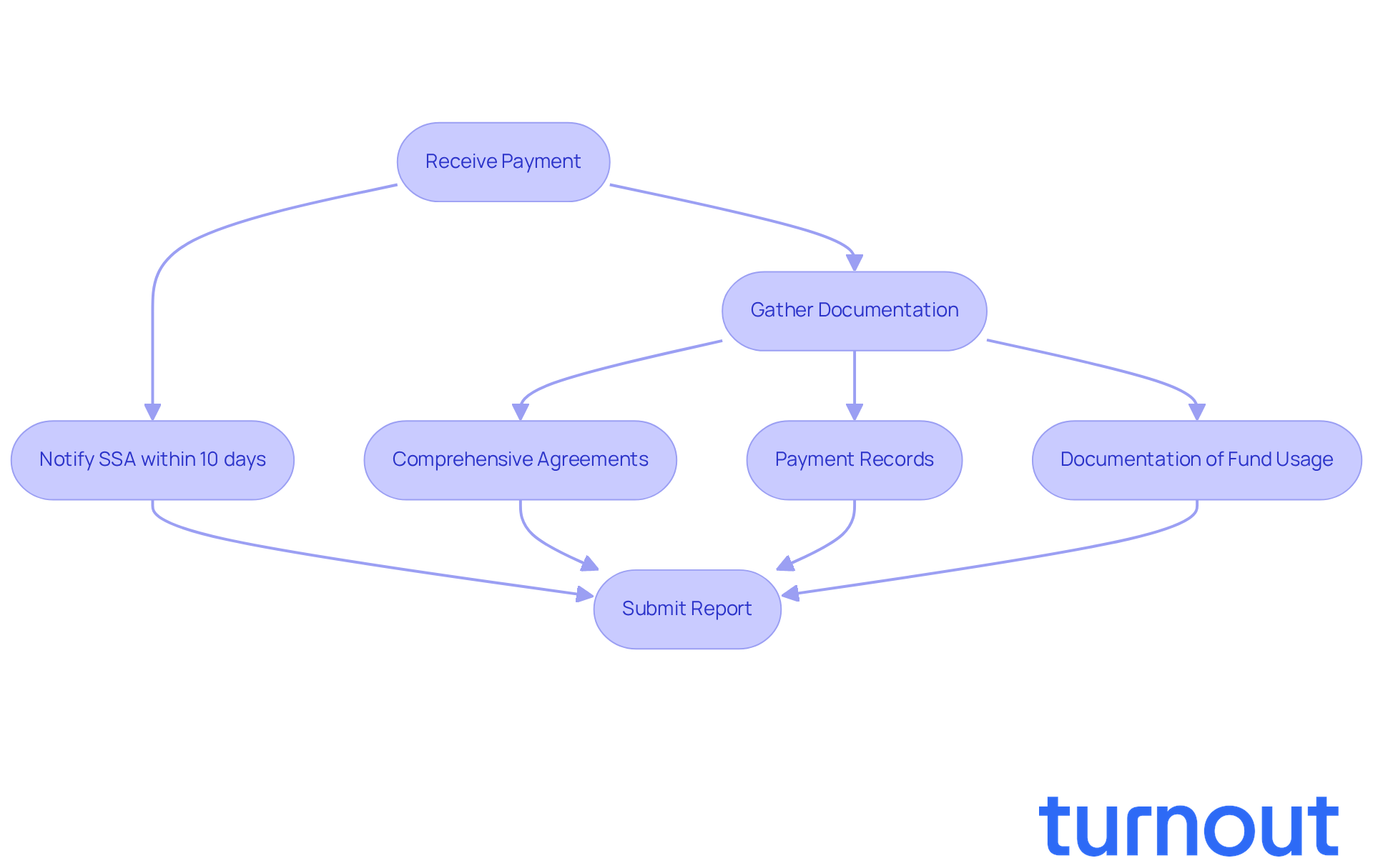 Follow the arrows to see what steps you need to take after receiving a payment. Each box represents an action you must complete to stay compliant with SSA regulations.