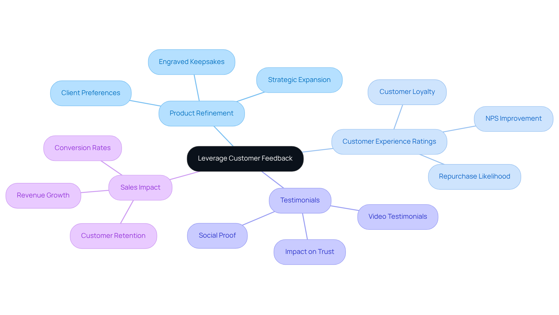 Start at the center with the main idea of leveraging feedback. Follow the branches to explore how feedback influences product choices, customer satisfaction, and marketing strategies. Each branch represents a key theme, with further details provided in the sub-branches.