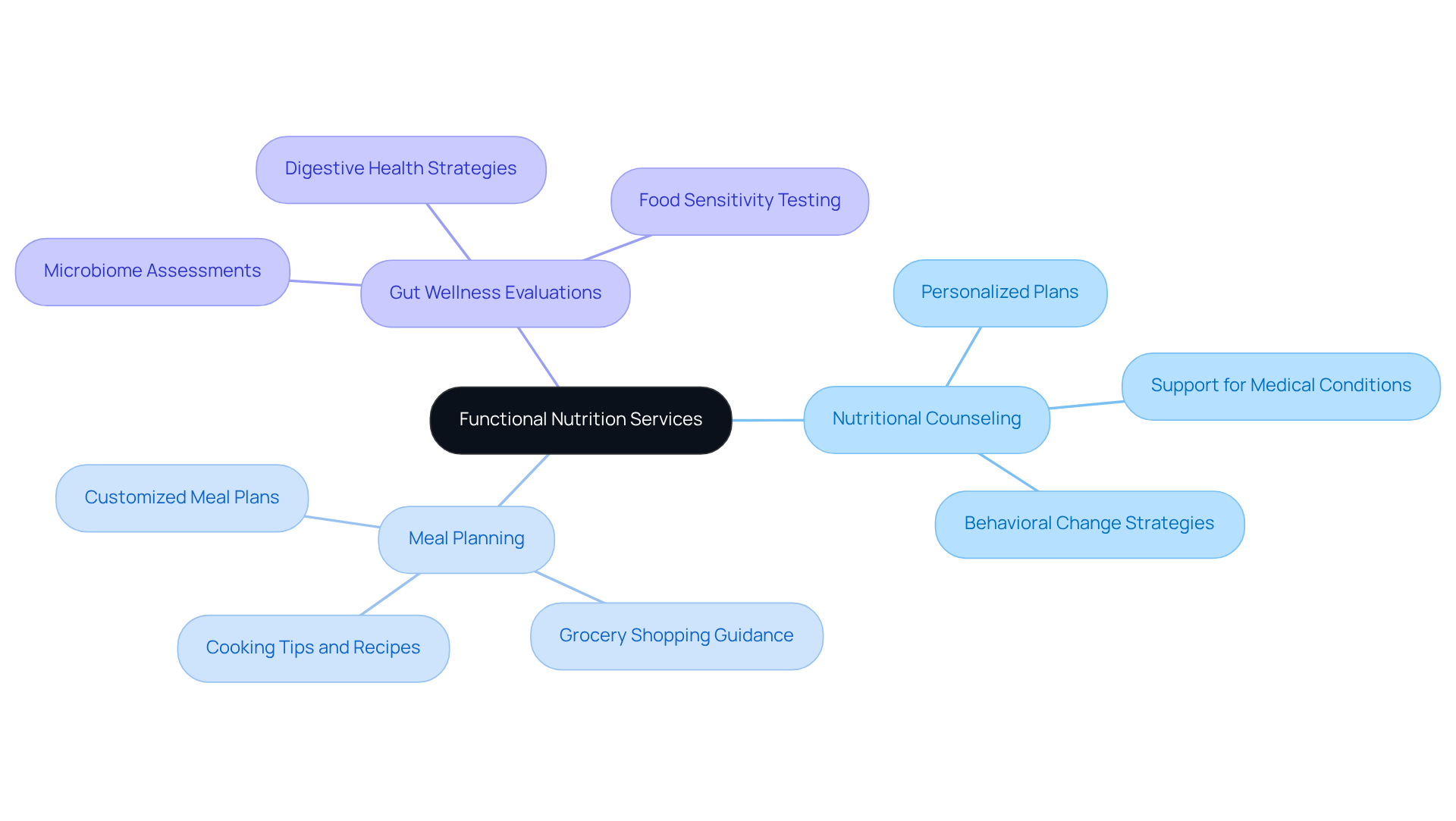 The central node represents the main theme of functional nutrition services, while the branches show the specific services offered. Each color-coded branch highlights a different area of focus, helping you see how they contribute to personalized wellness.