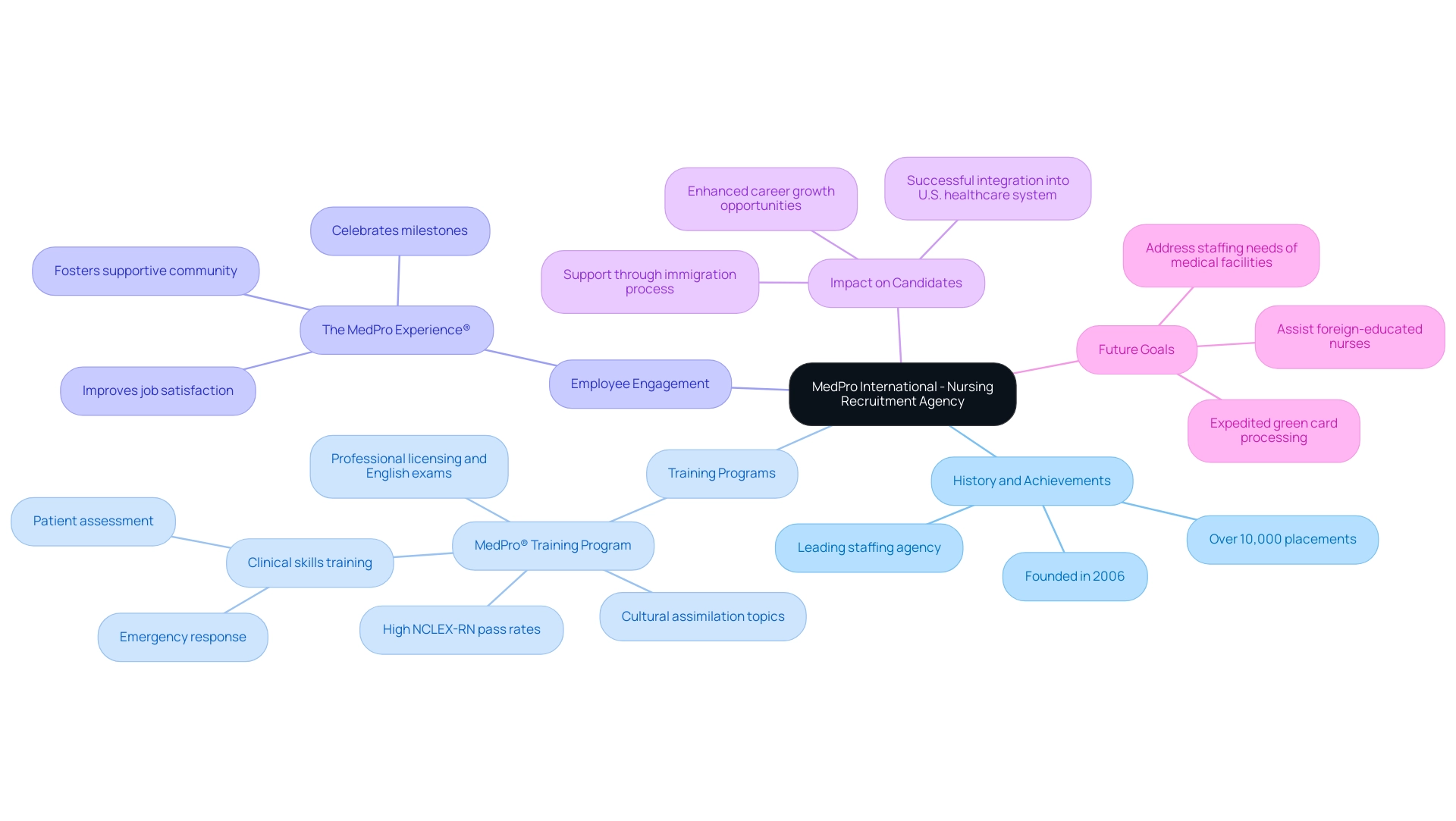 Each branch represents a key aspect of MedPro International's services and impact, with distinct colors for clarity.