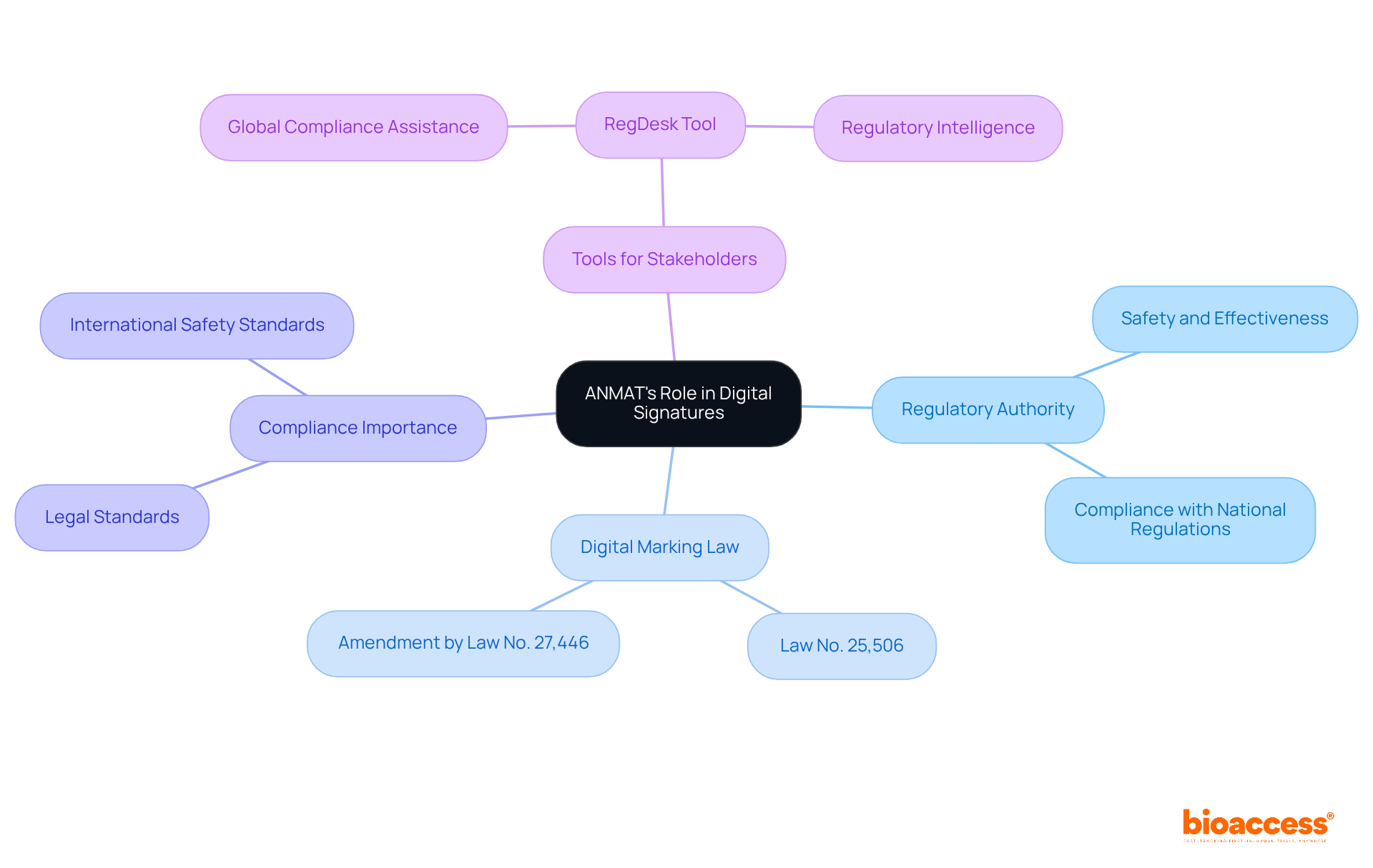 The center represents ANMAT's role, with branches showing different aspects like laws, compliance, and tools. Each branch helps you see how these elements connect to the main topic.