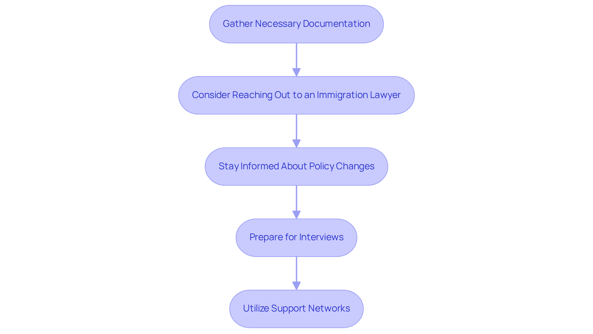 Each box in the flowchart represents a step you can take to navigate the immigration process. Follow the arrows to see the order of actions you should consider for a smoother journey.