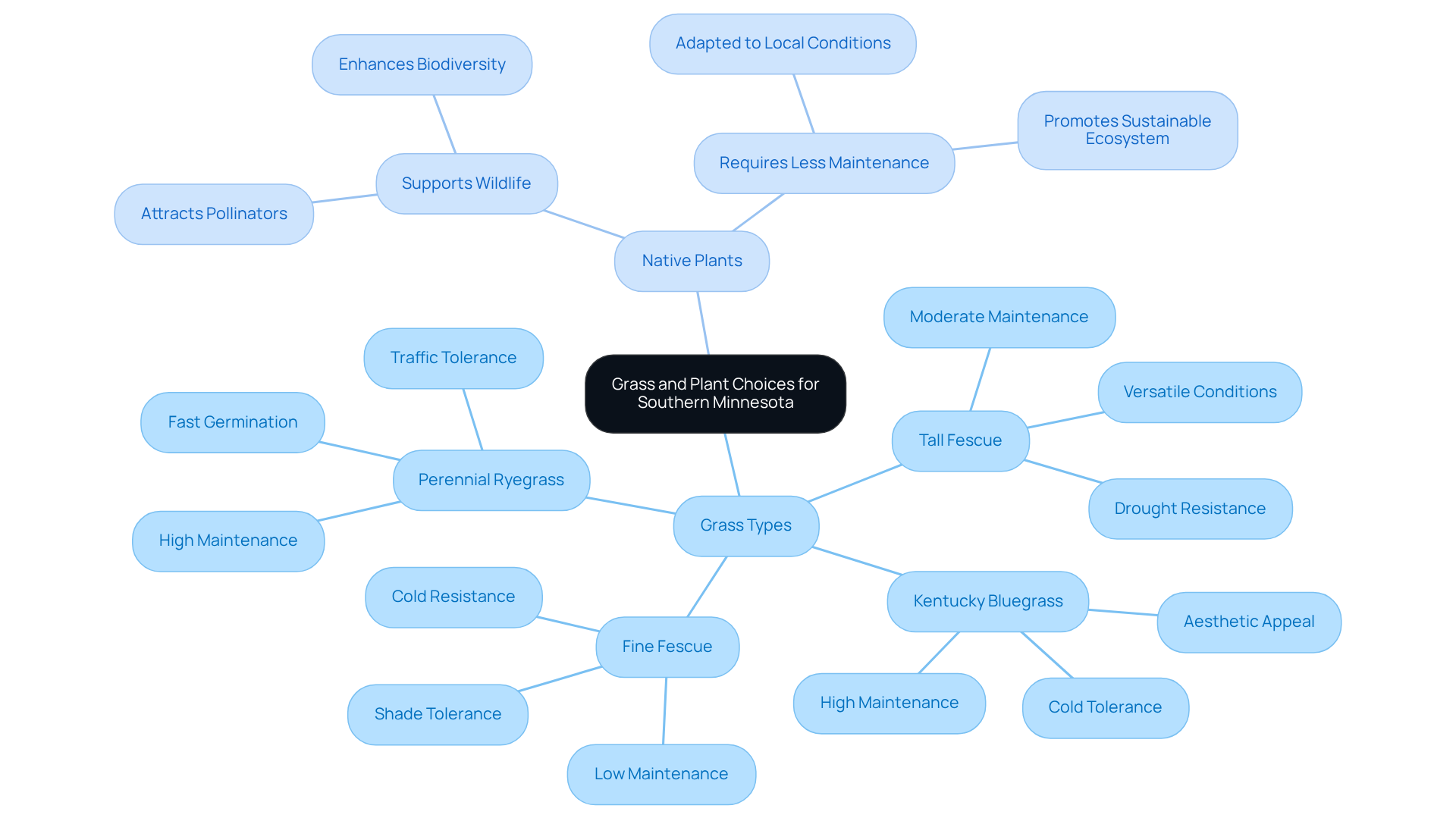The center shows the main topic, with branches leading to different grass types and native plants. Each branch highlights specific characteristics and benefits, making it easy to see how they relate to your lawn's health and environment.