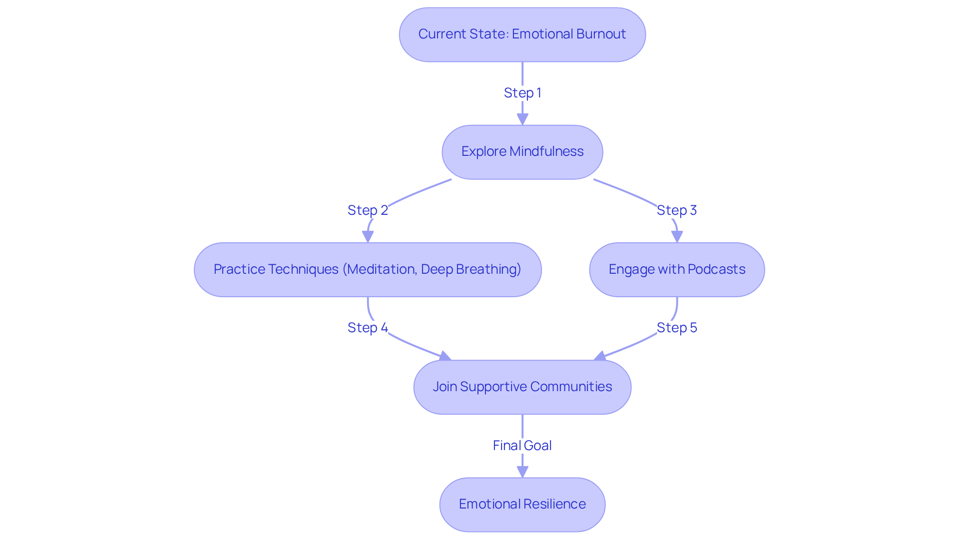 Follow the arrows to see how each step leads you closer to emotional resilience. Each box represents a technique or action that can help you manage stress and improve your mental health.