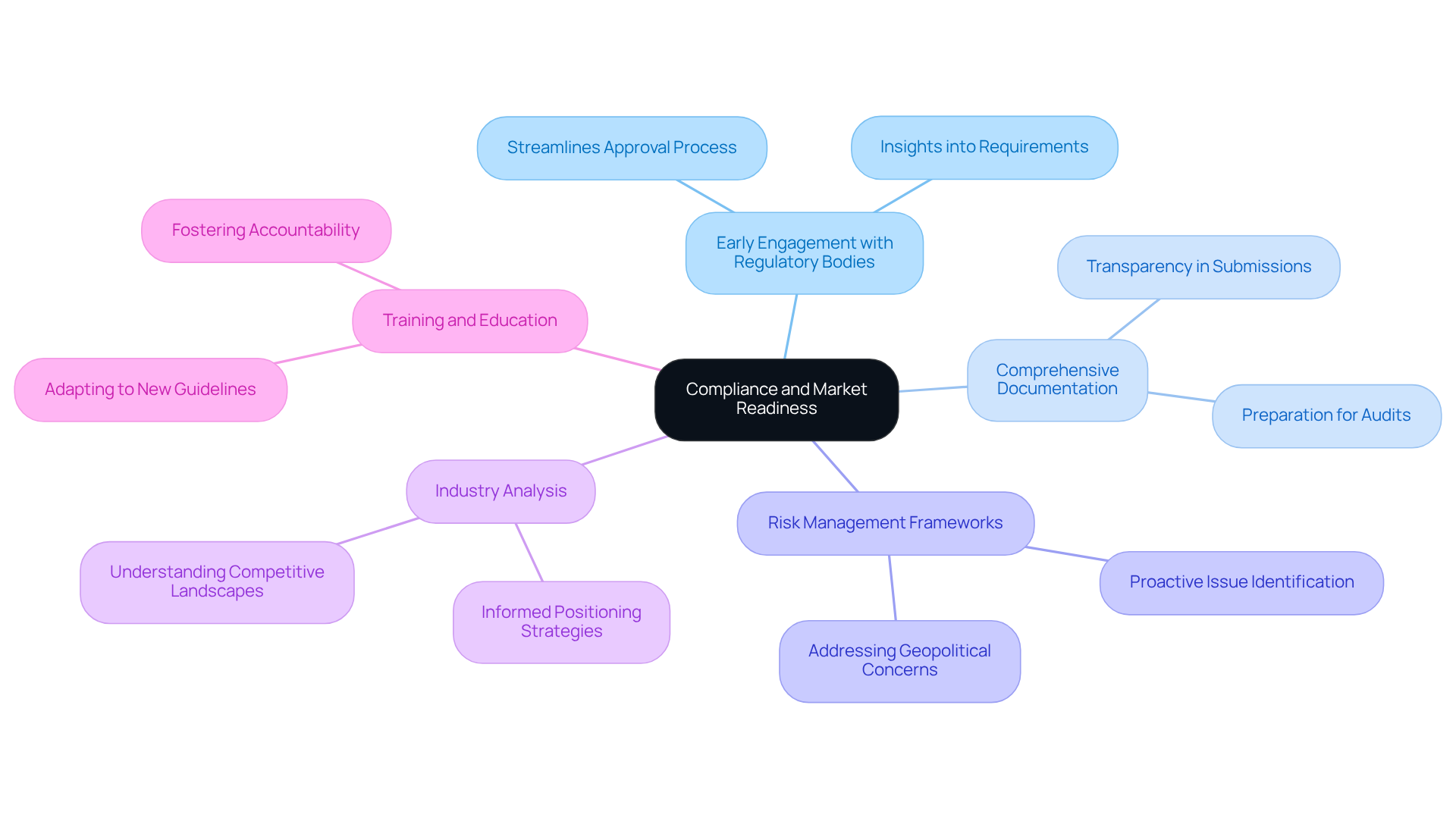The central node represents the main focus on compliance and market readiness. Each branch shows a key strategy, and the sub-branches provide additional details or insights related to that strategy. This layout helps you understand how each strategy contributes to successful product launches. The central node represents the main focus on compliance and market readiness. Each branch shows a key strategy, and the sub-branches provide additional details or insights related to that strategy. This layout helps you understand how each strategy contributes to successful product launches.