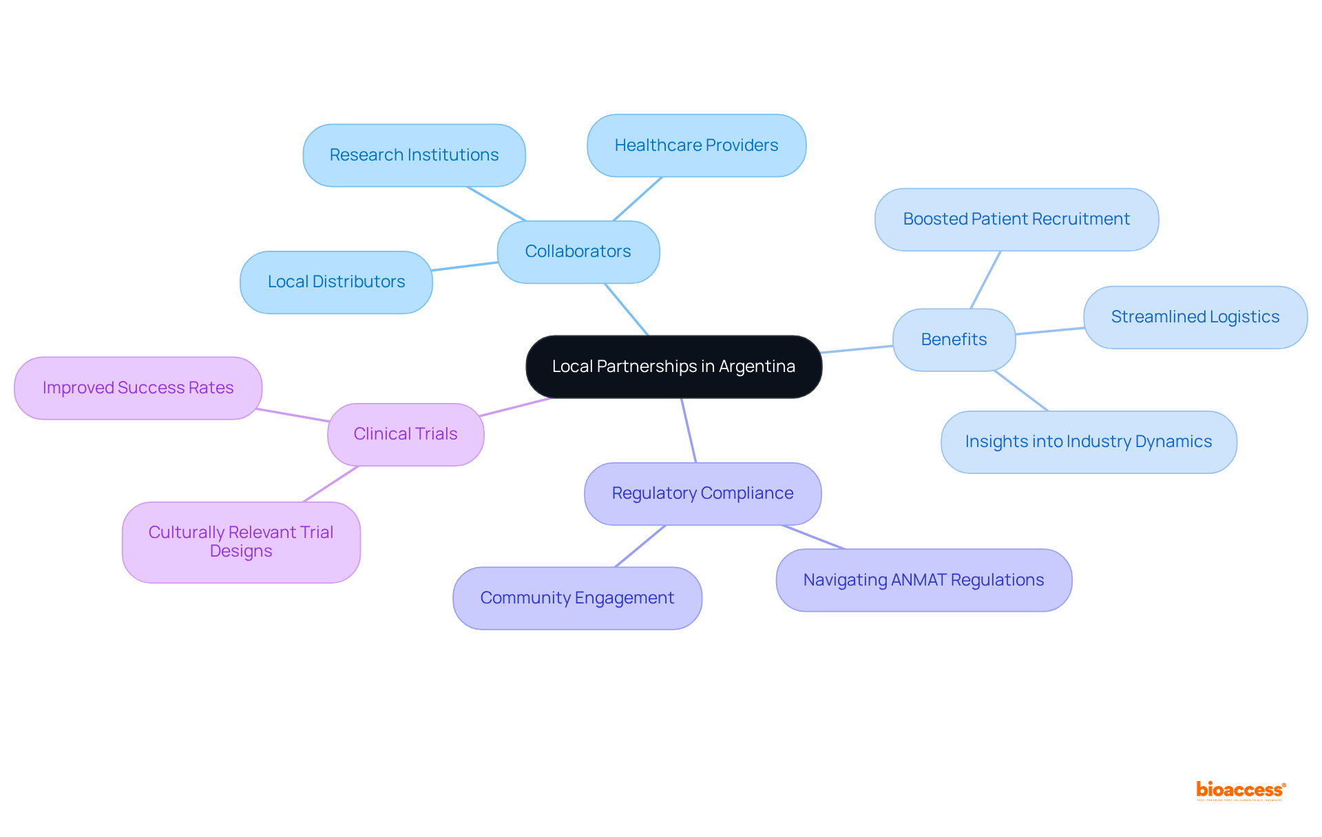 The central node represents the main topic of local partnerships. Each branch shows related aspects such as collaborators, benefits, and regulatory considerations, helping you see the interconnectedness of these elements in strengthening market access.