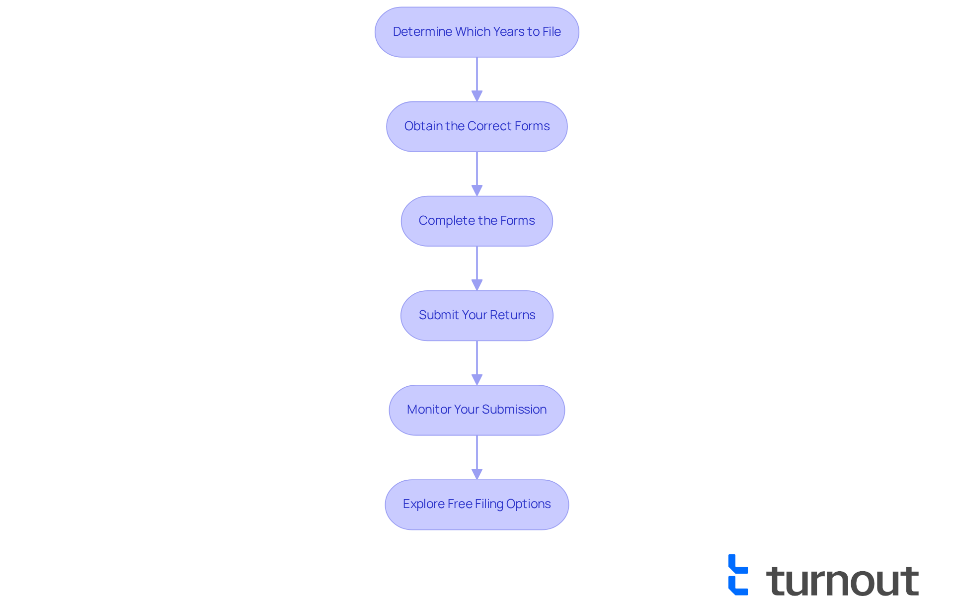 Each box shows a step in the process of filing your back taxes. Follow the arrows to see what you need to do next, making the filing journey easier to navigate.