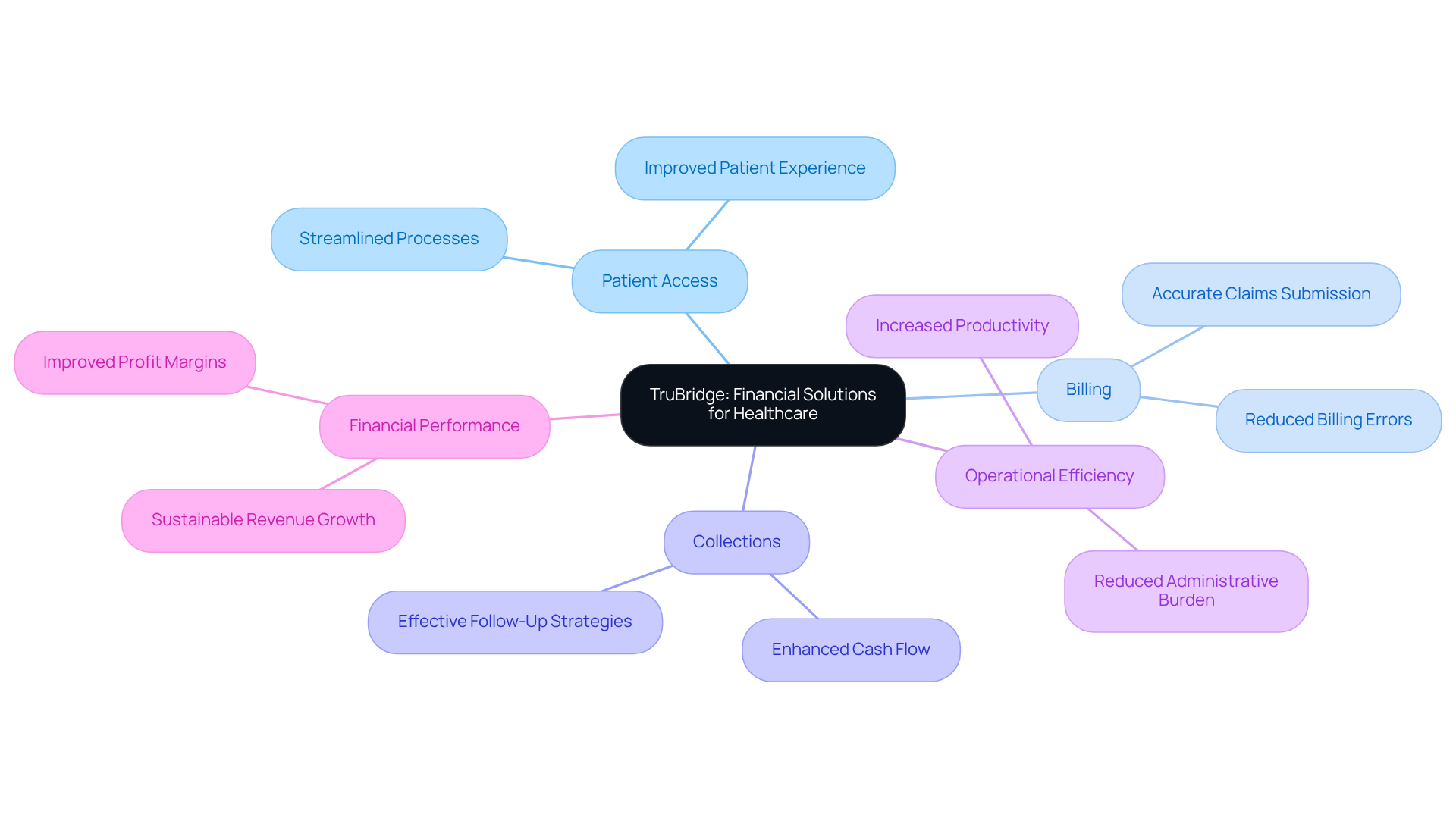 Start at the center with TruBridge's core mission, then explore the branches to see how each service contributes to the financial health of healthcare providers.