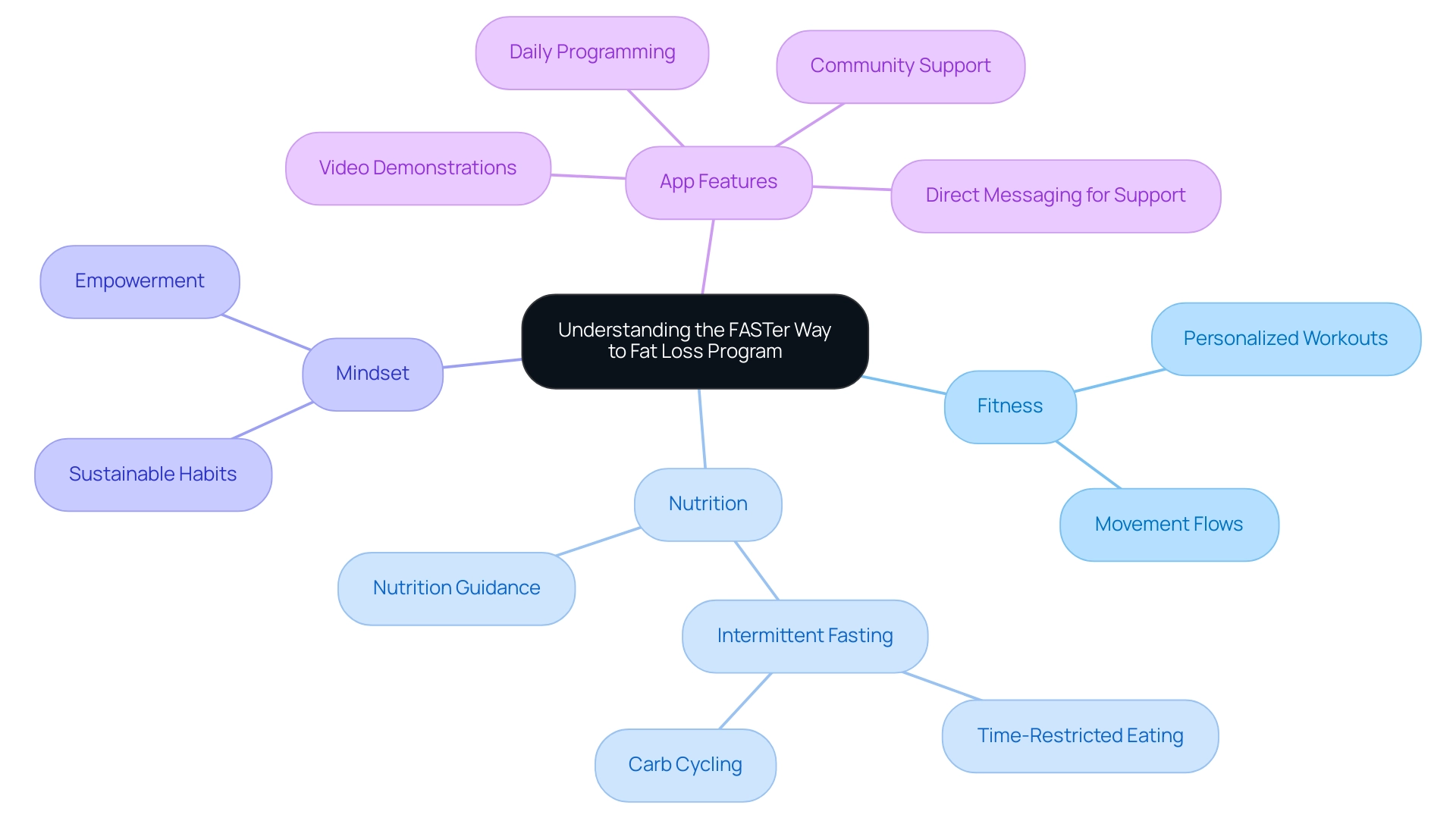 The central node represents the program, with branches illustrating key areas like Fitness, Nutrition, Mindset, and App Features, each color-coded for clarity.