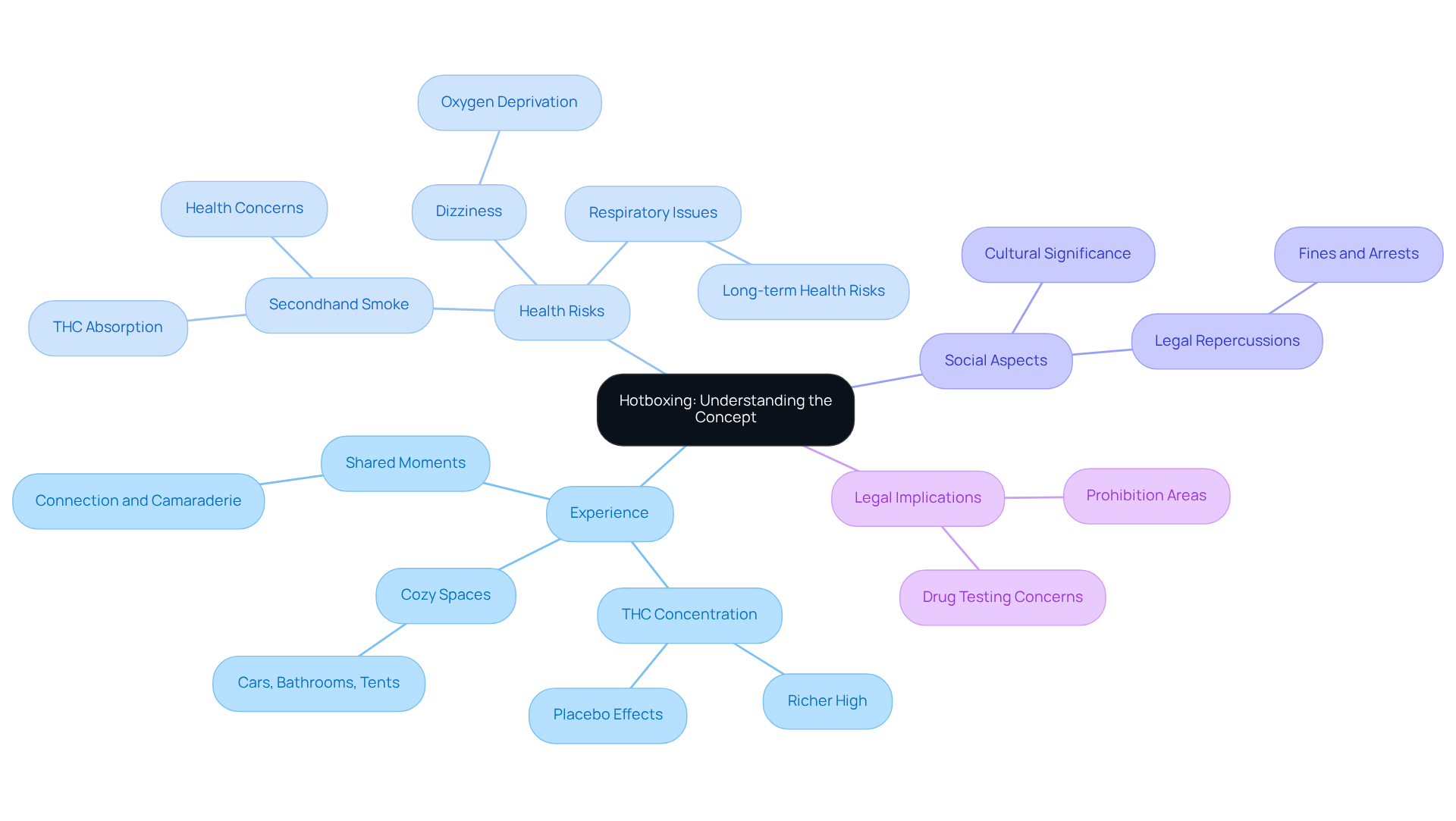 The central node represents the main idea of hotboxing. Each branch explores different facets of the concept, helping you understand both the fun and the risks involved. The central node represents the main idea of hotboxing. Each branch explores different facets of the concept, helping you understand both the fun and the risks involved.