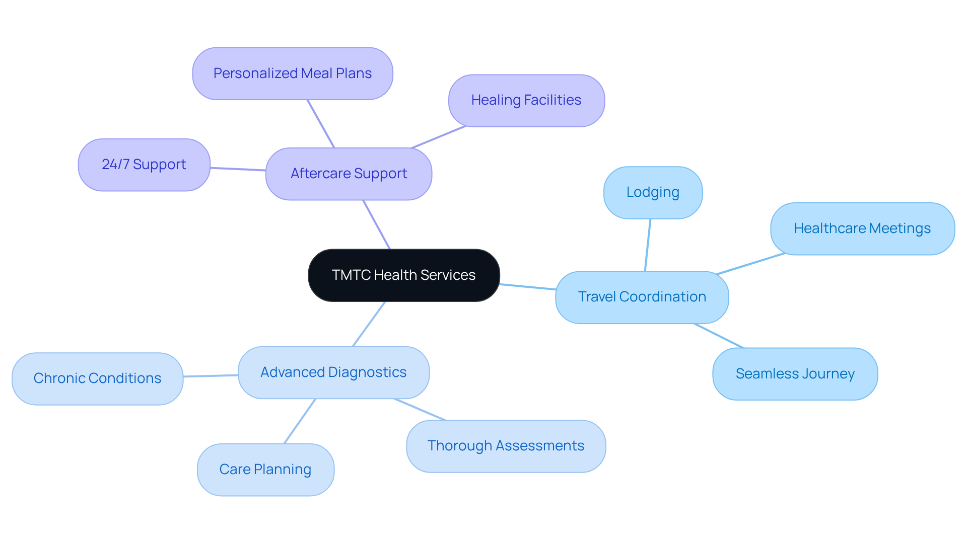 Start at the center with TMTC's services, then explore each branch to see how travel, diagnostics, and aftercare are interconnected in supporting UK patients.