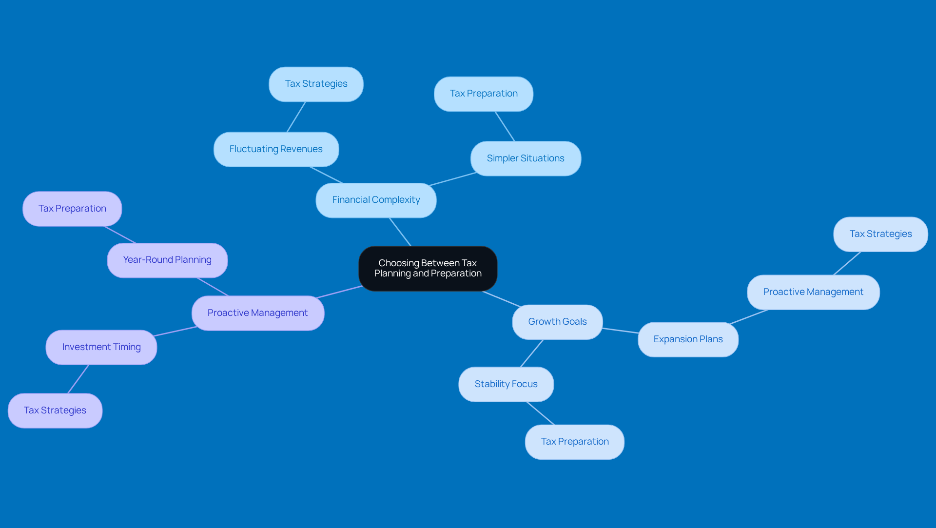The center represents the main decision point, while the branches show the factors that influence whether to focus on tax strategies or preparation. Each sub-branch provides examples or scenarios to illustrate the impact of these factors.