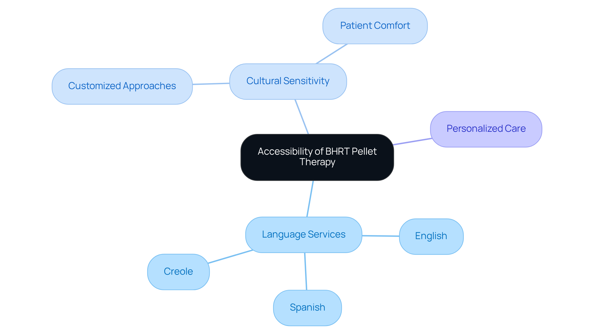 The central node represents the main focus on accessibility, while the branches show how Amavita addresses language and cultural needs to support diverse communities in receiving care.