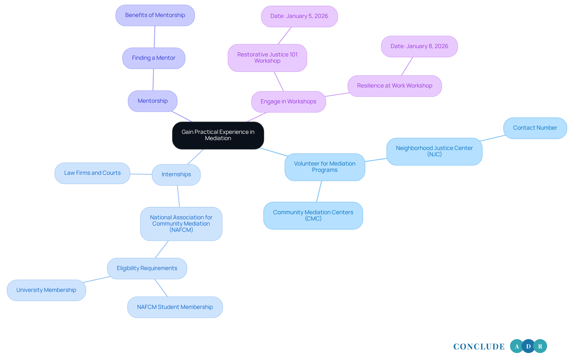 The central node represents the main goal of gaining practical experience, while the branches show different methods you can pursue. Each sub-branch provides additional details to help you understand how to take action in each area.