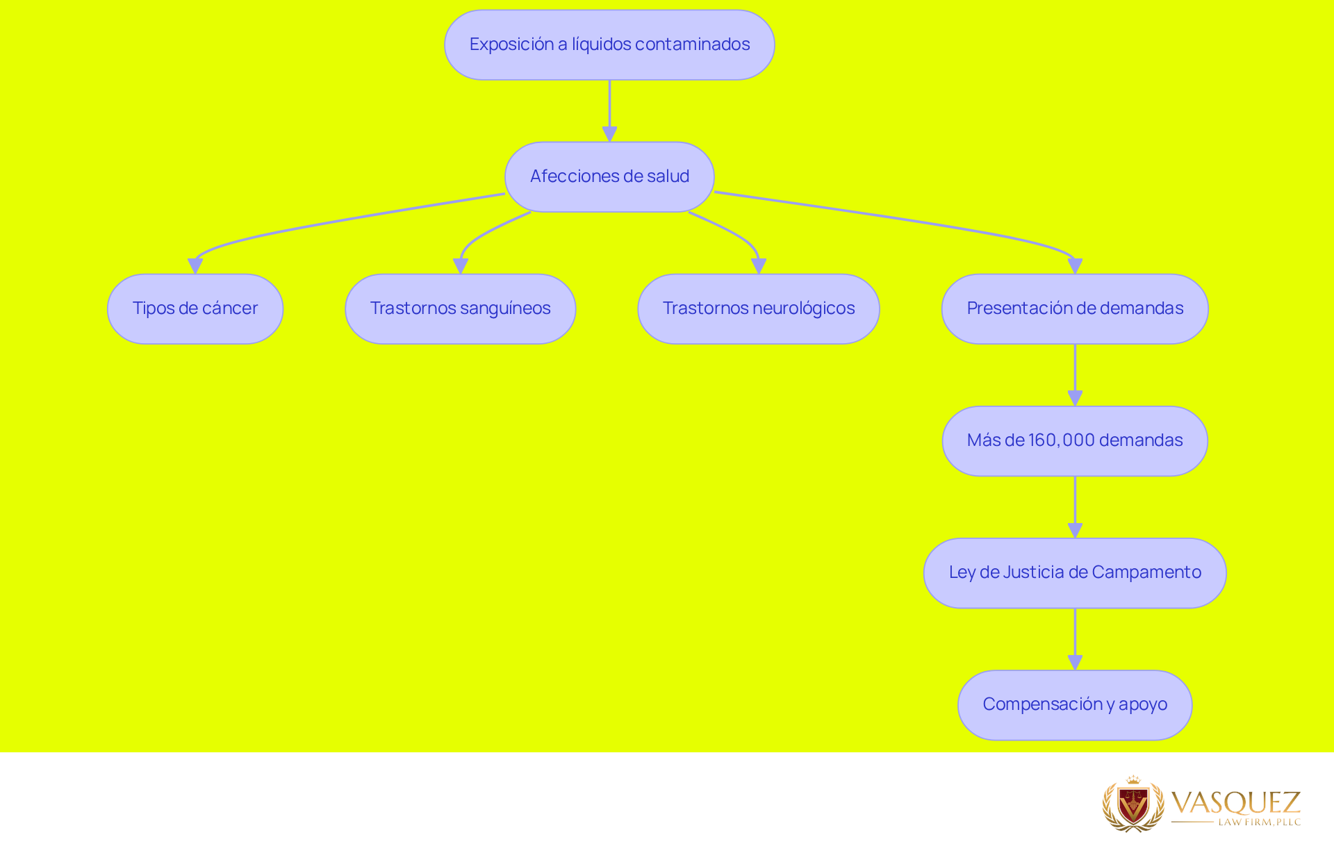 Cada cuadro representa una etapa en el proceso legal. Sigue las flechas para entender cómo las víctimas pasan de la exposición a buscar justicia y compensación.