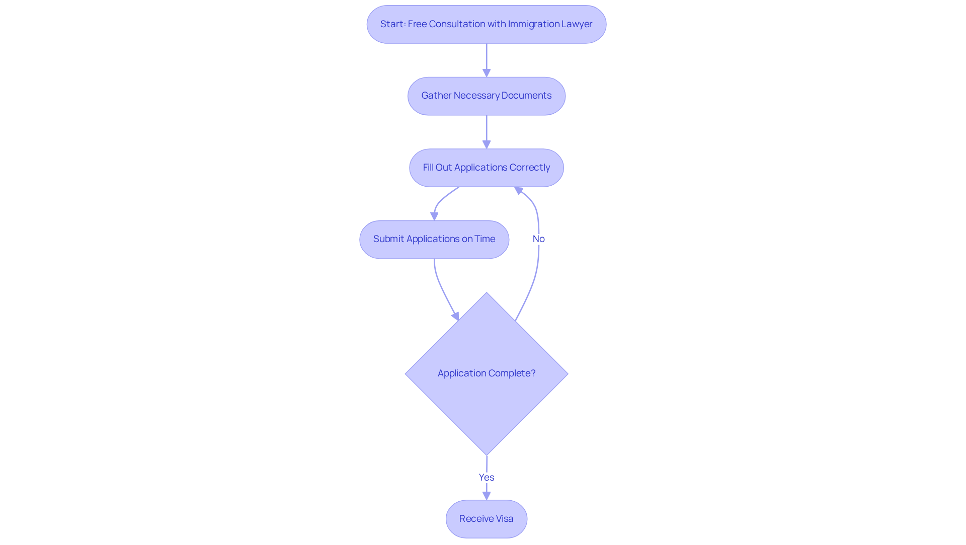 Follow the flow from consultation to visa reception — each box shows a step in the process, and the arrows guide you through what to do next. If there are mistakes, you’ll see where to go back and fix things.