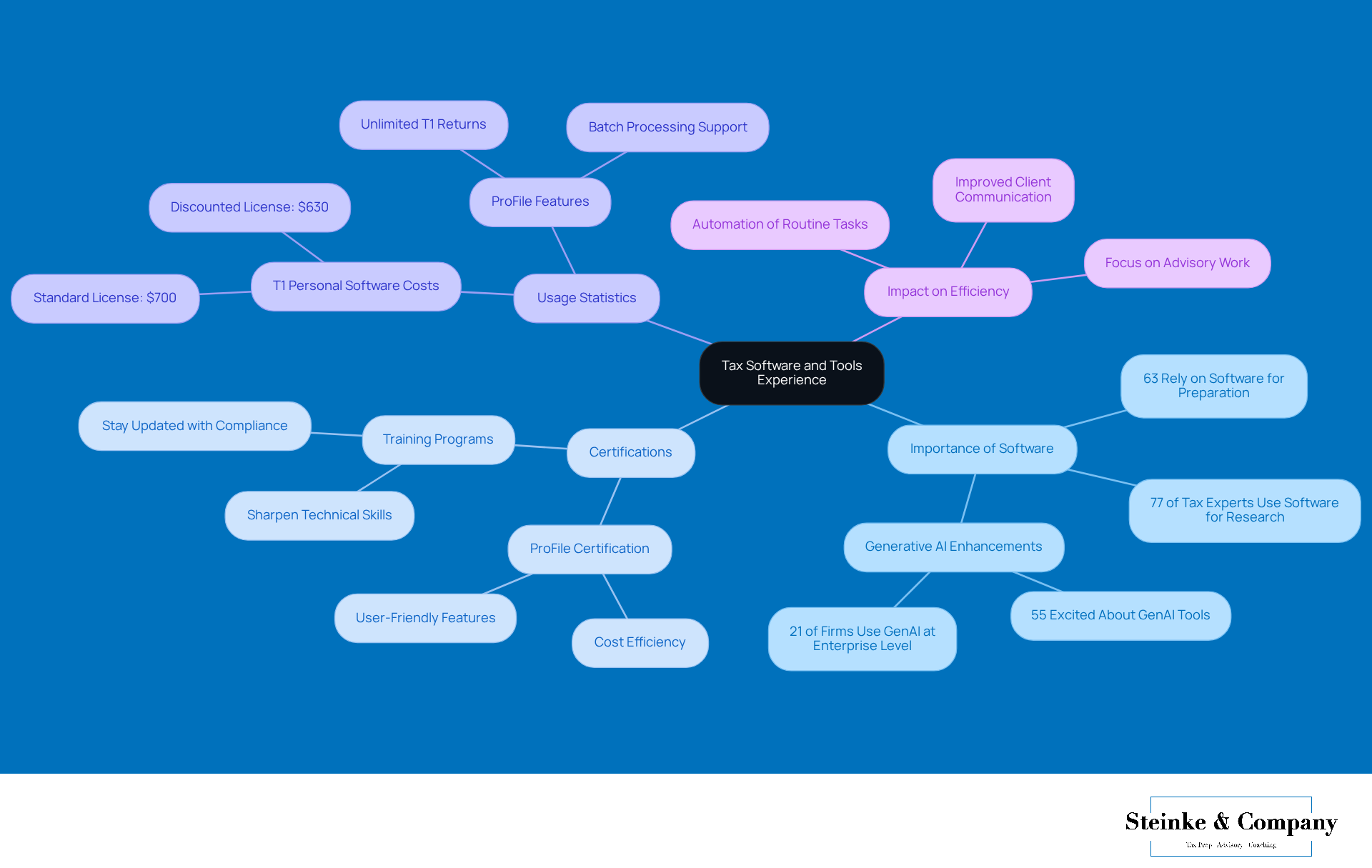 The central node represents your overall experience with tax software. Each branch shows different aspects to consider, like how important certifications are, stats on software usage, and how these tools improve efficiency in the tax field.