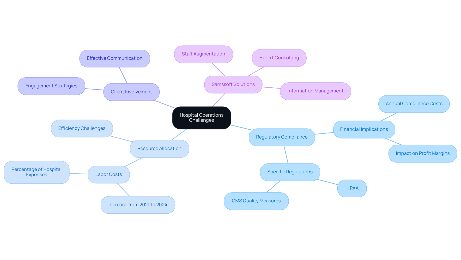 The central node represents the overall theme of hospital operations, while the branches show specific challenges. Each color-coded branch helps you quickly identify different areas of concern, making it easier to understand how they interconnect.
