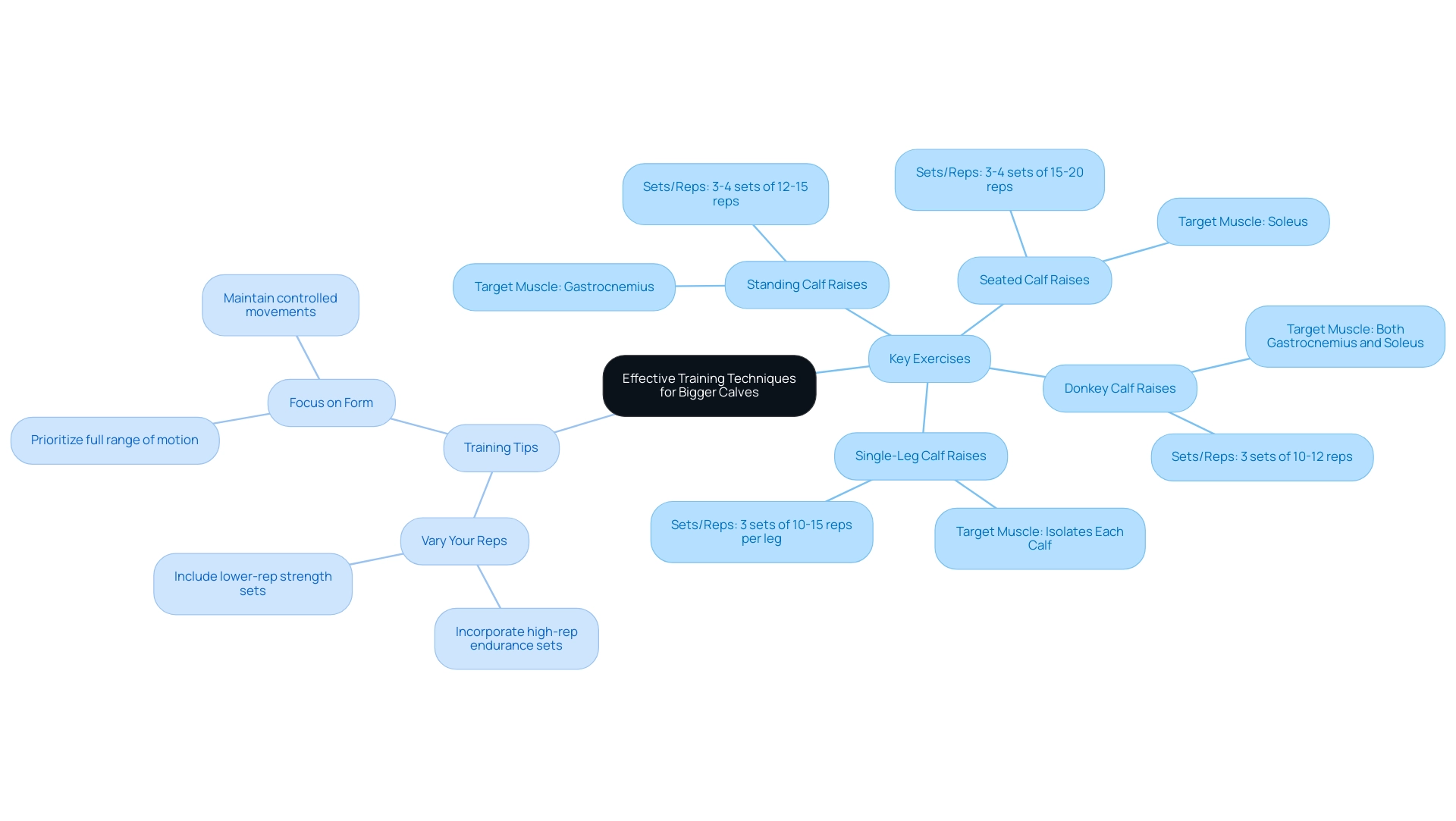 Central node represents the main topic; branches denote key exercises and tips; color codes differentiate between exercises and training advice.