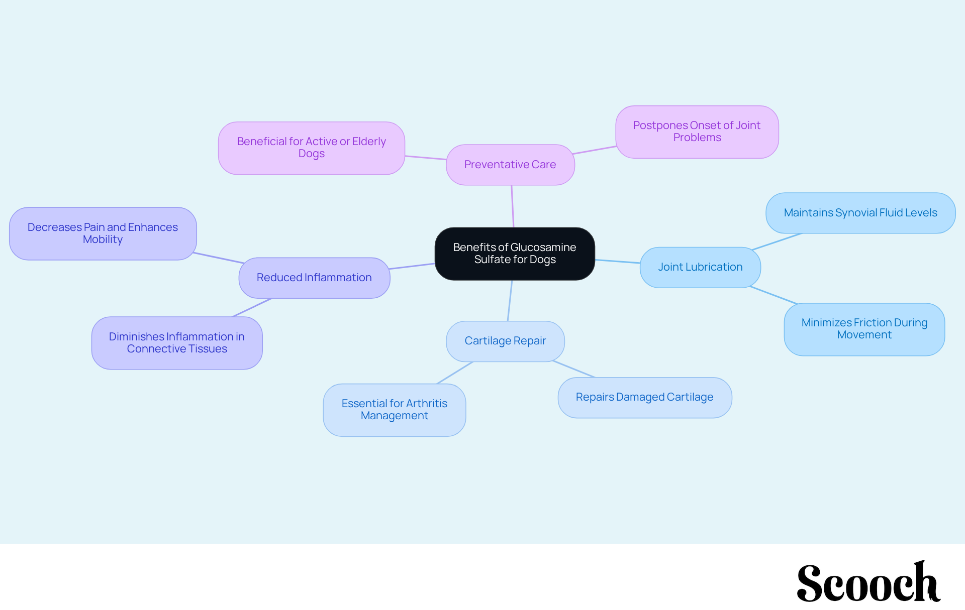 In this mindmap, the center represents the main topic, and each branch shows a specific benefit of glucosamine sulfate. Under each benefit, you'll find more details or examples to help you understand why they matter for your dog's health.