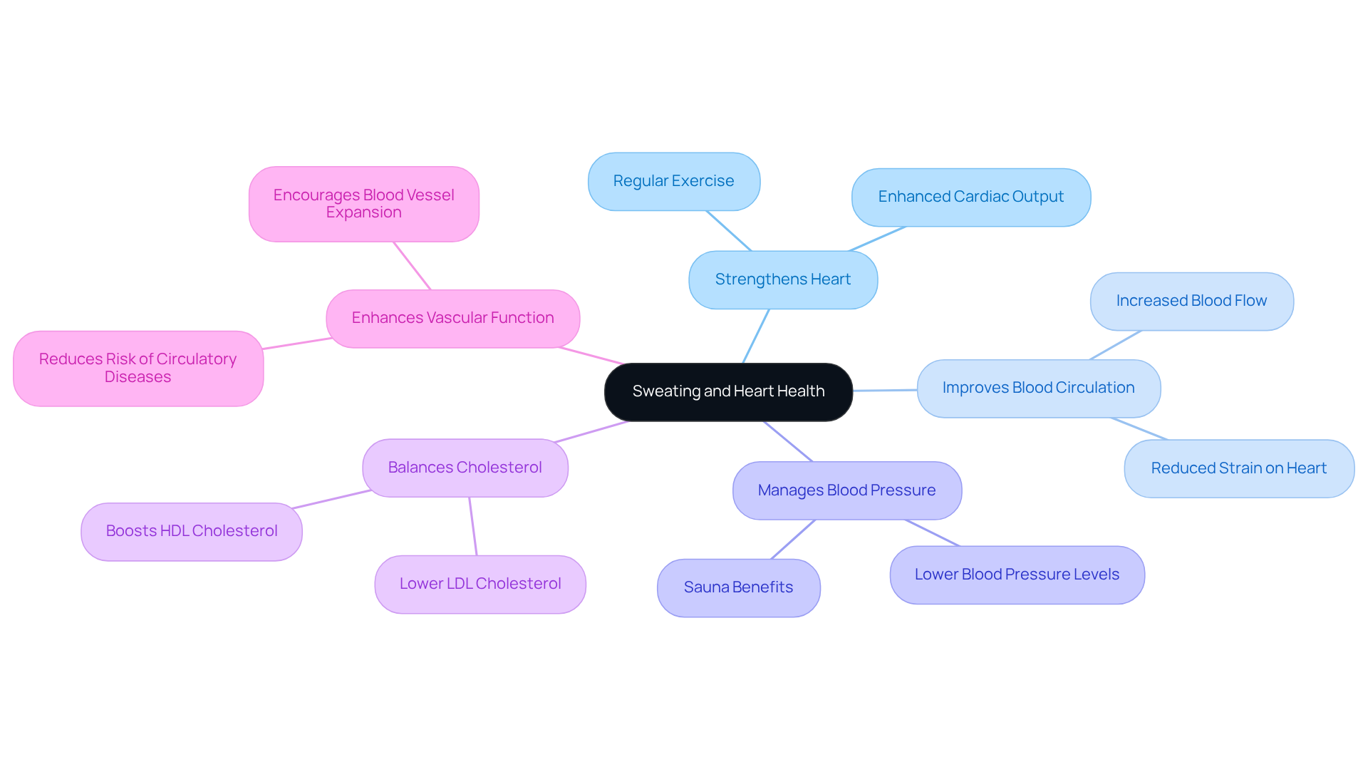 The central idea is sweating's impact on heart health, with branches showing specific benefits. Each branch highlights how sweating contributes to a healthier heart, making it easy to understand the connections.