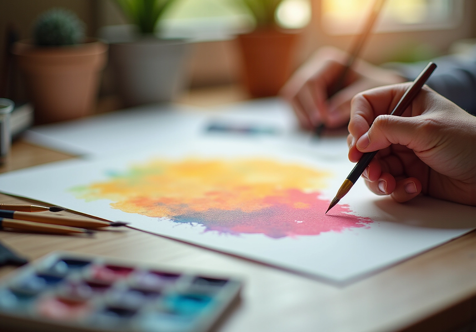 Busy Artist Engaged in Watercolor Practice Busy Artist Engaged in Watercolor Practice