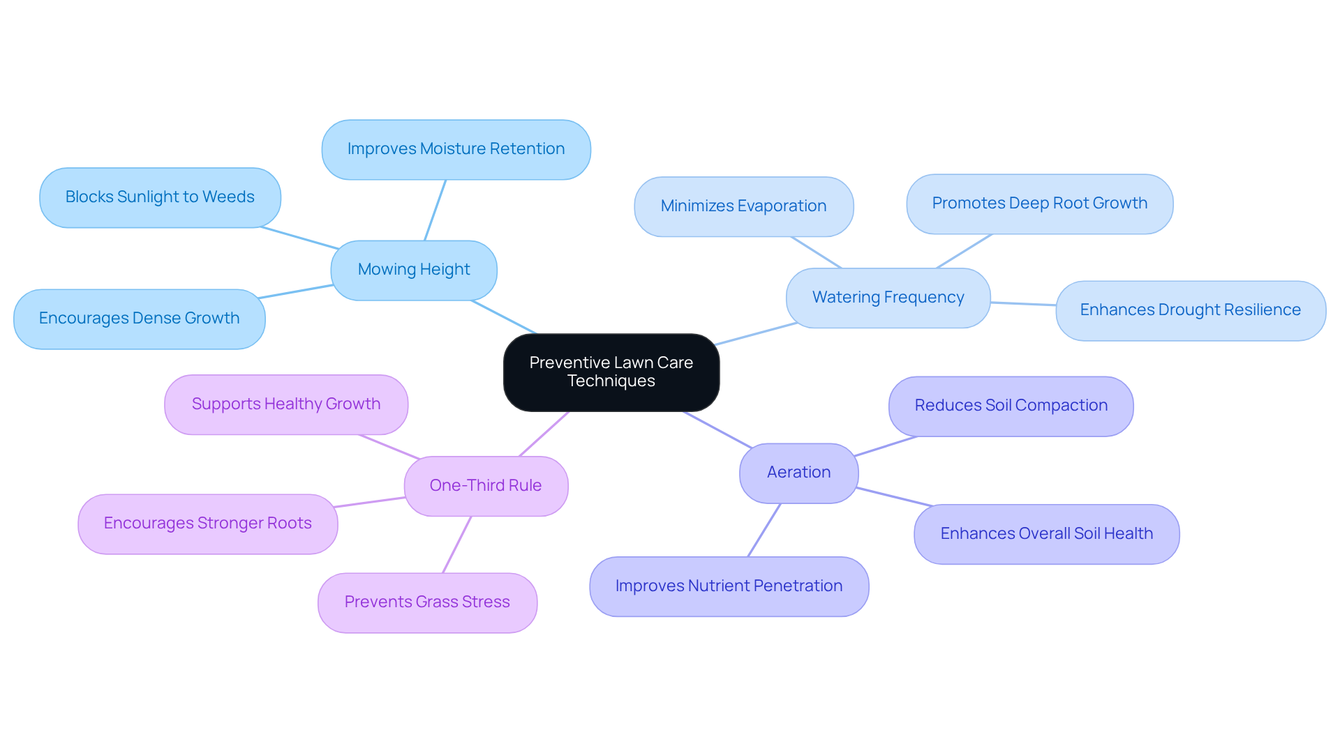 The center represents the main goal of lawn care, while the branches show different techniques you can use. Each technique has its own benefits listed, helping you understand how to keep your lawn healthy and weed-free. The center represents the main goal of lawn care, while the branches show different techniques you can use. Each technique has its own benefits listed, helping you understand how to keep your lawn healthy and weed-free.