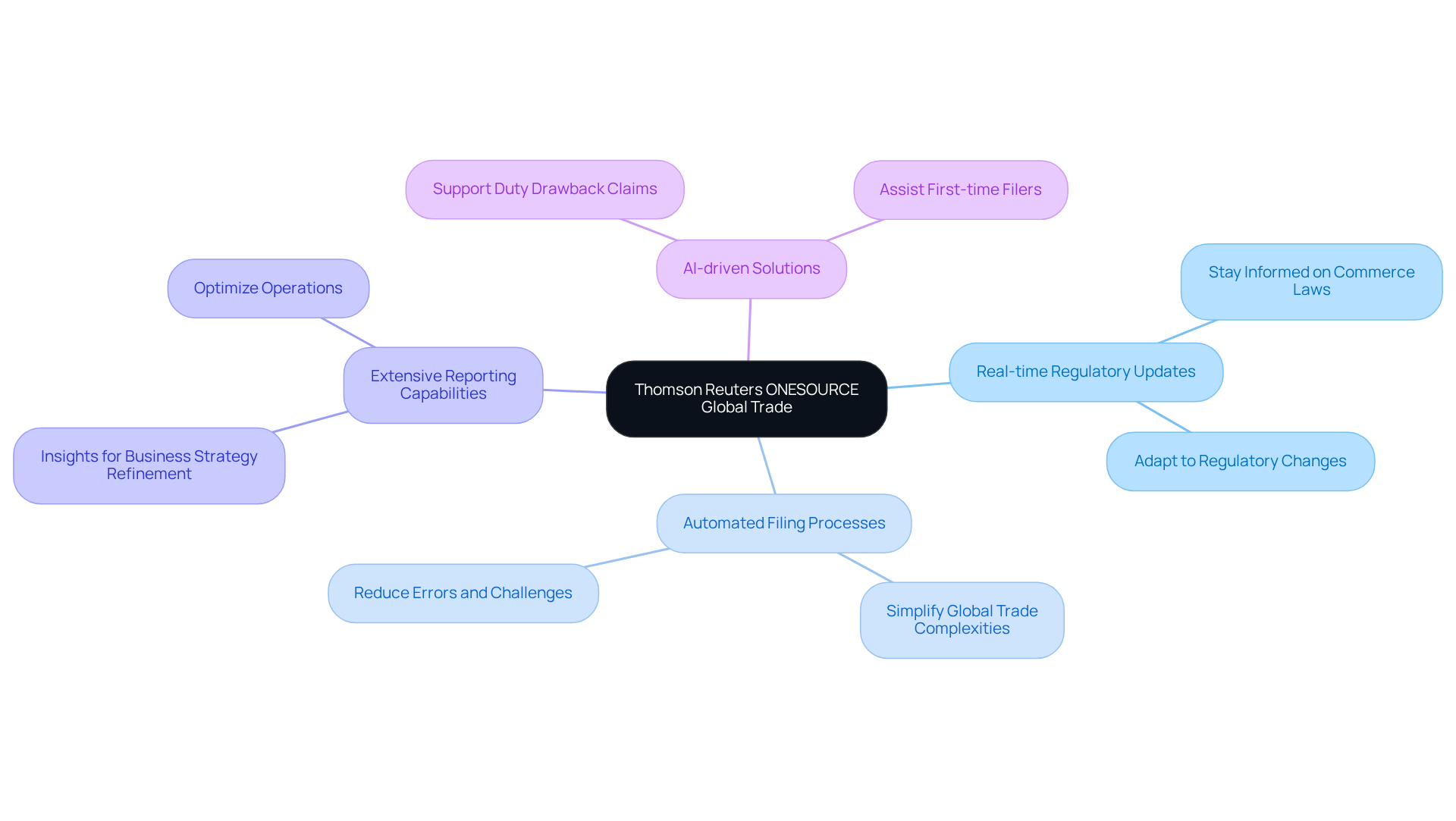 The center represents the main platform, and each branch shows a key feature. Follow the branches to see how each feature contributes to customs compliance and operational efficiency.