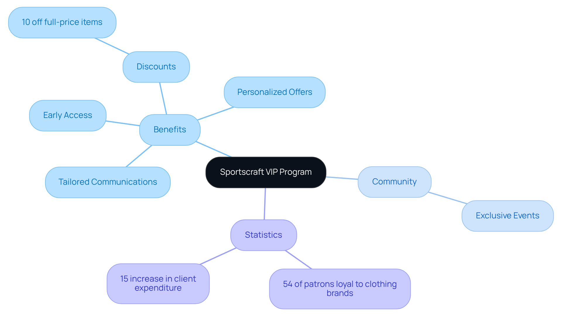 The center shows the VIP program, and the branches highlight its benefits and community aspects. Each color-coded section helps you quickly identify different types of information.