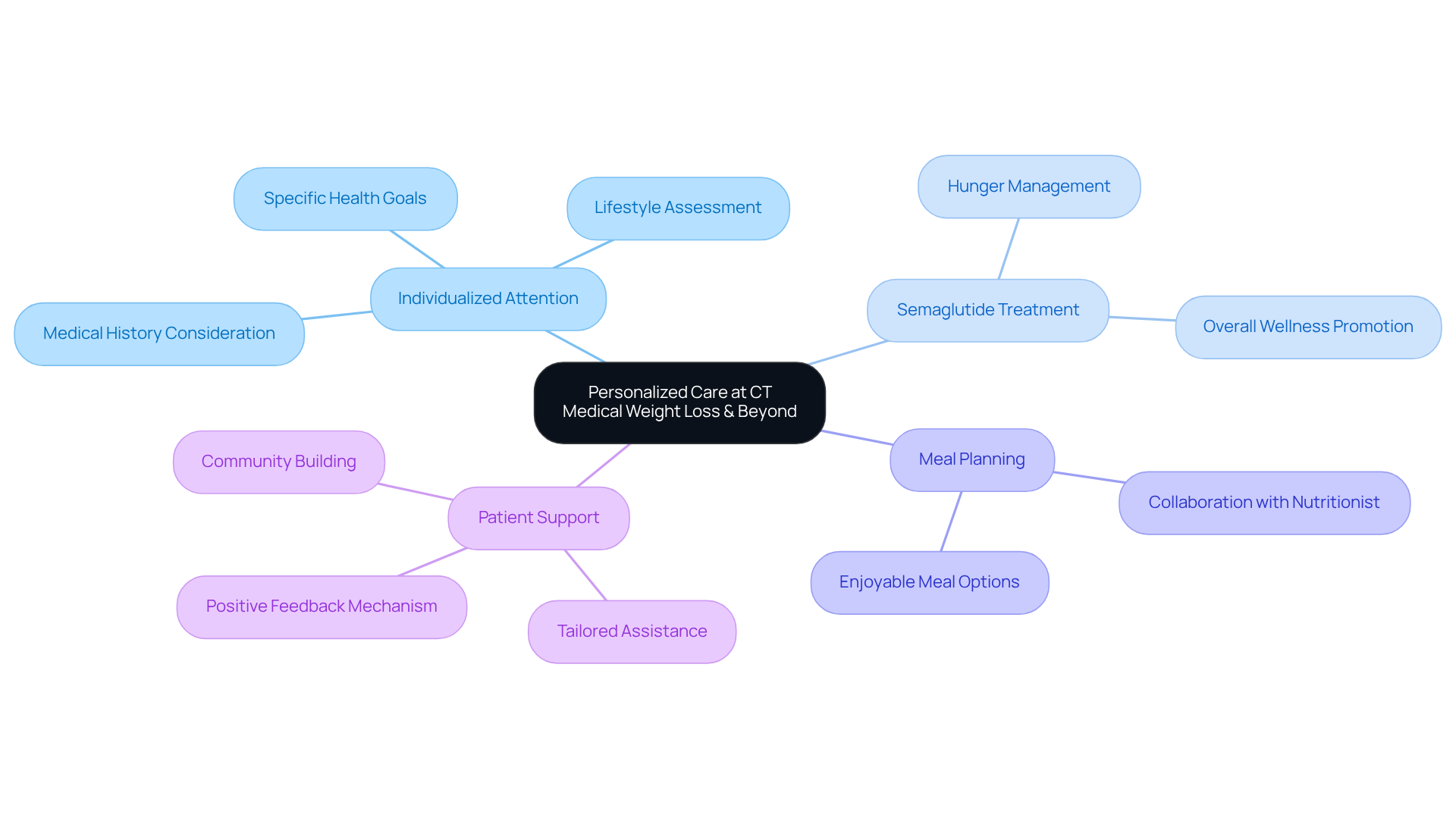 The center represents the core philosophy of personalized care, while the branches show the different aspects of the approach. Each branch highlights how CT Medical supports individuals on their health journeys.