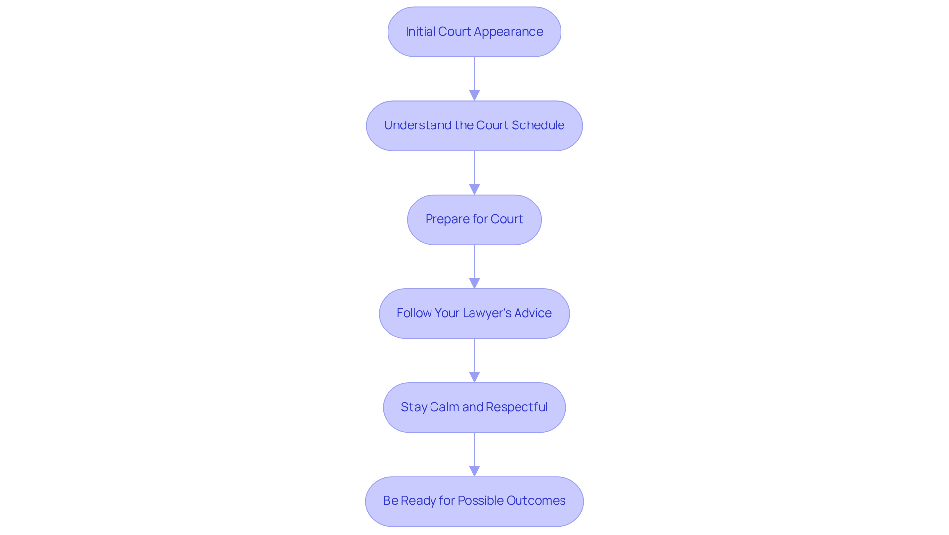 This flowchart outlines the steps you should take when navigating the court process after a DUI. Start at the top with your initial appearance and follow the arrows down to see what actions to take next. Each box represents an important step to help you manage your court experience effectively.