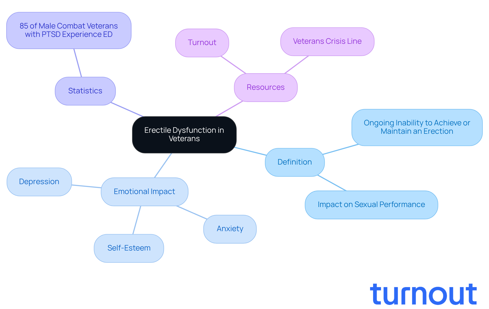 The central node represents erectile dysfunction, with branches showing its definition, emotional effects, relevant statistics, and resources available for veterans. Each branch helps illustrate how these elements connect and impact veterans' lives.