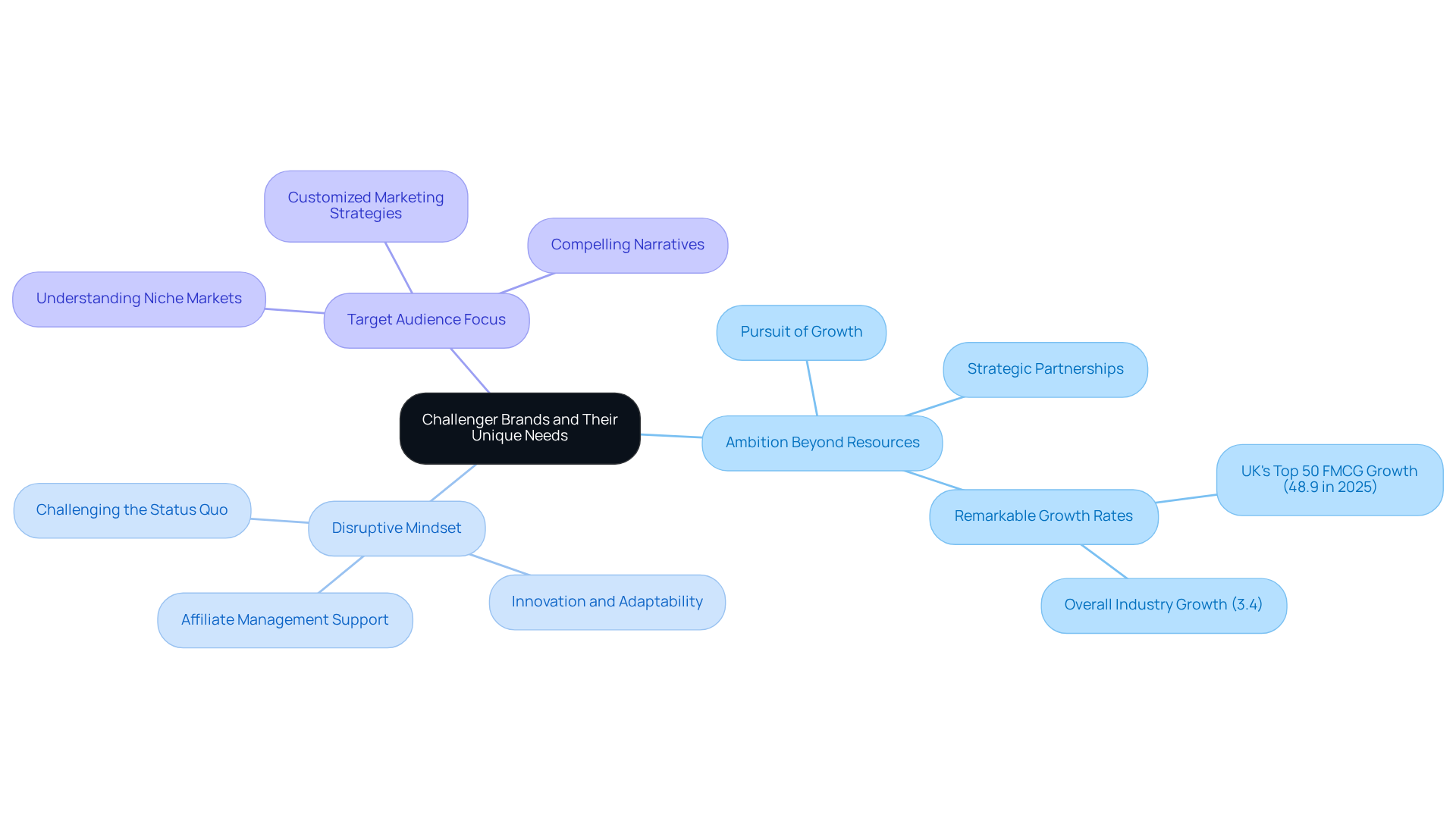 This mindmap illustrates the key characteristics of challenger brands. Start at the center with the main idea, then explore each branch to see how ambition, mindset, and audience focus define their unique needs. Each branch highlights important aspects that help these brands succeed in competitive markets.