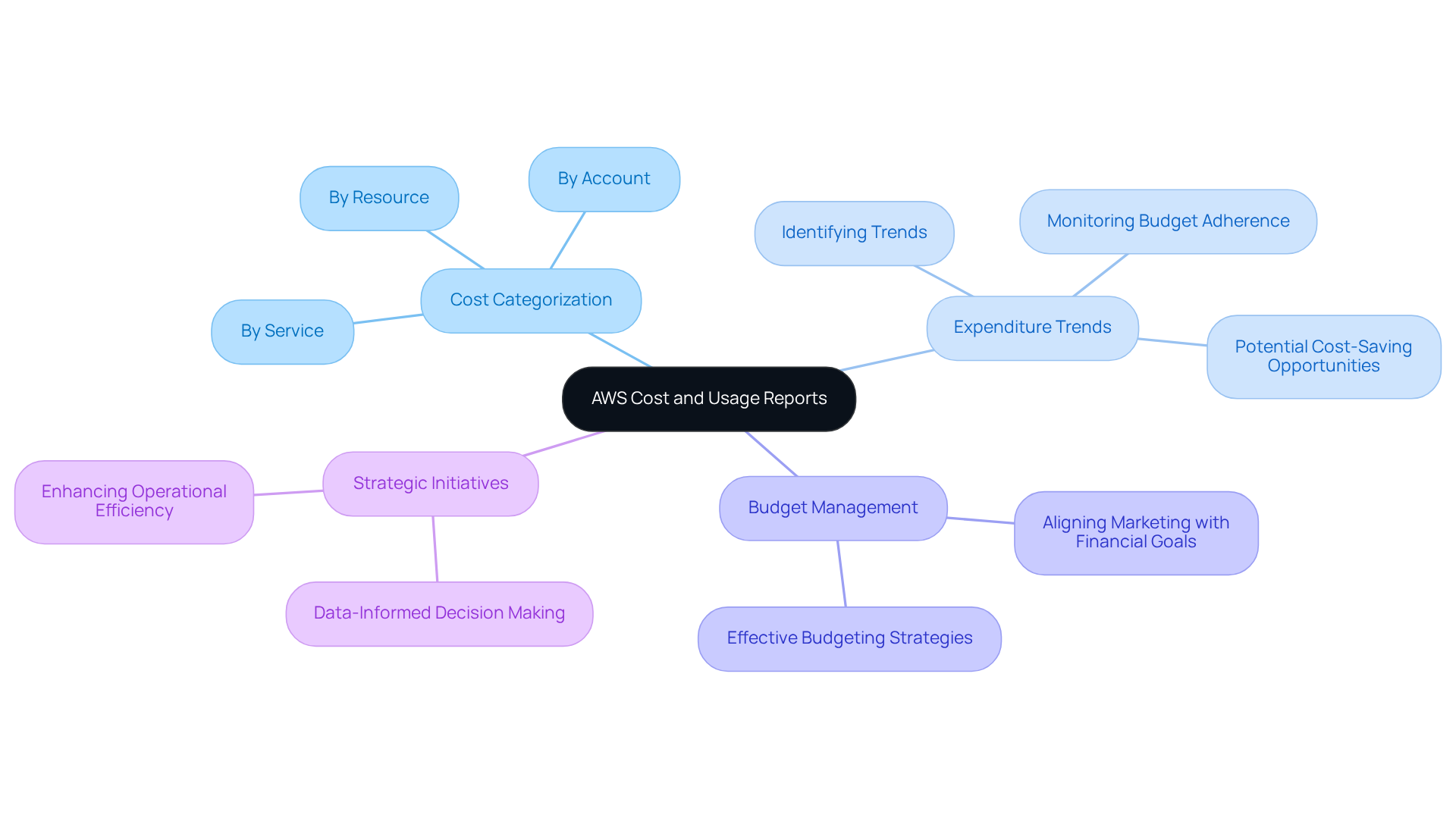 The central node represents AWS CUR, while the branches show how different aspects like costs and trends connect to help businesses make informed decisions.