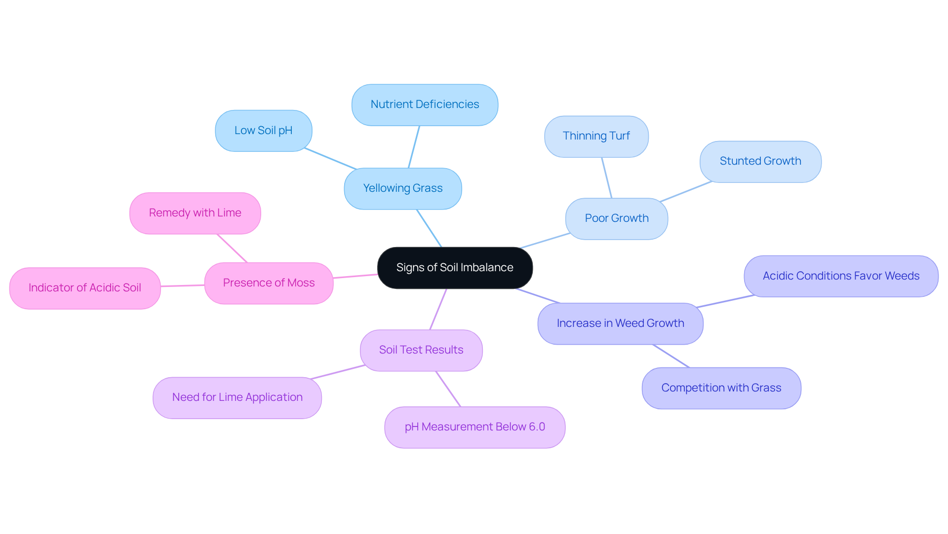 The central node represents the overall theme of soil imbalance. Each branch shows a specific sign that indicates a problem, with explanations that help you understand why these signs matter for your lawn's health.