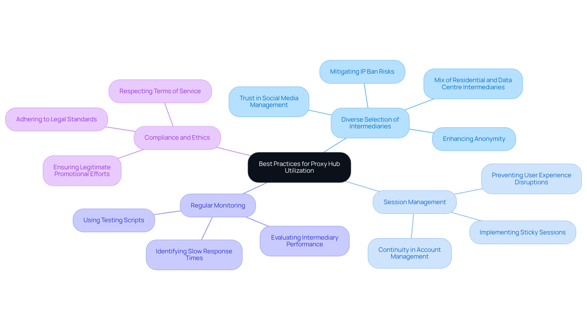 The central node represents the overall strategy, while each branch shows a specific practice. Follow the branches to explore how each practice contributes to effective proxy hub usage.