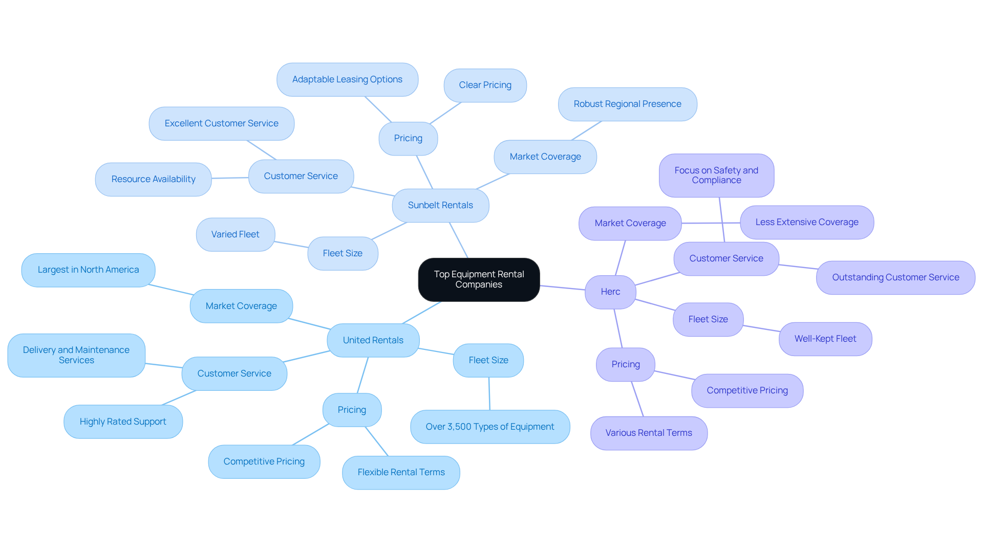 The central node represents the overall topic, while each branch shows a different company. Under each company, you'll find important features that highlight what makes them unique and competitive in the market.