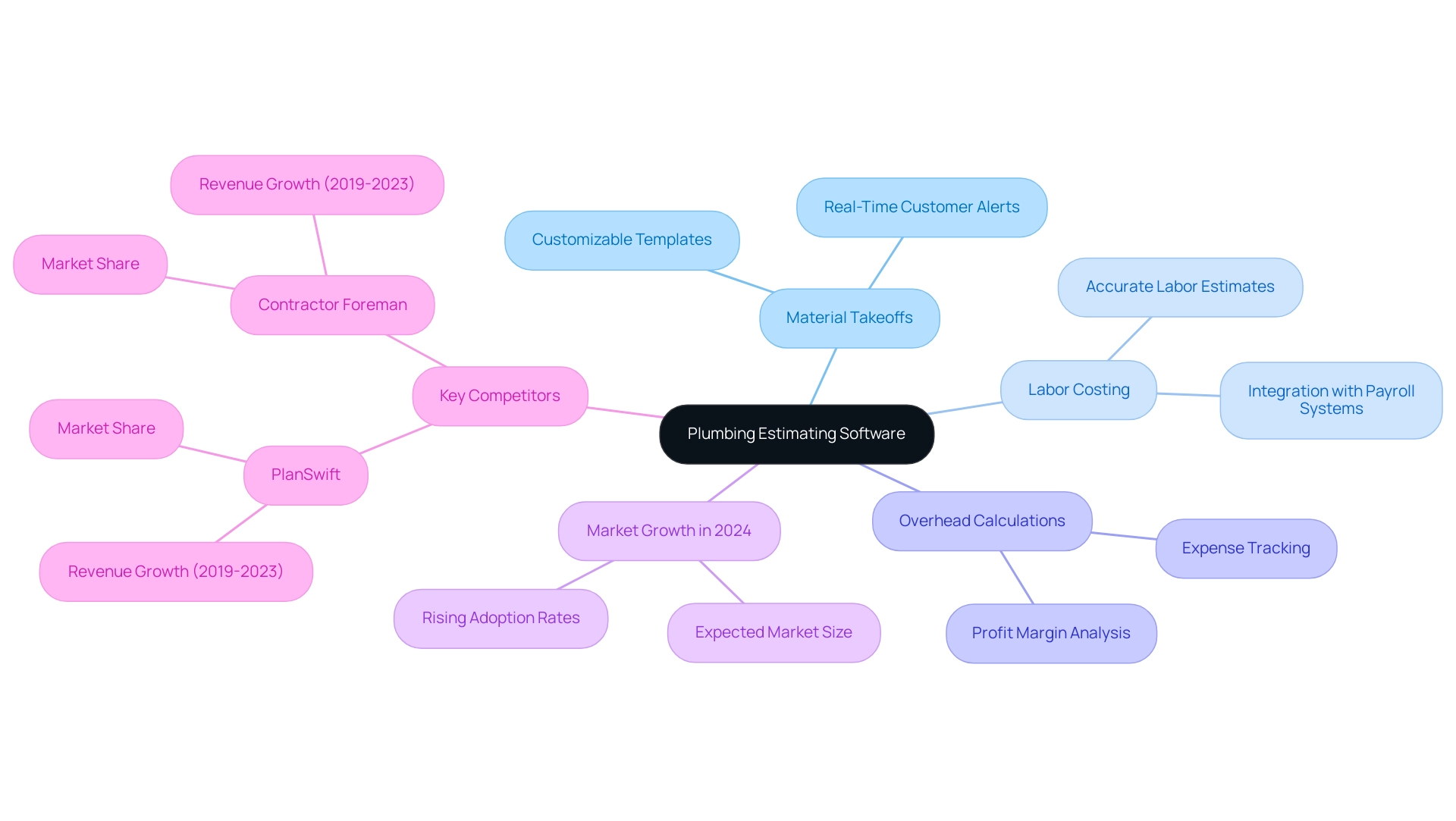 The central node represents the software overview, with branches for functions, market trends, and competitors, color-coded for clarity.