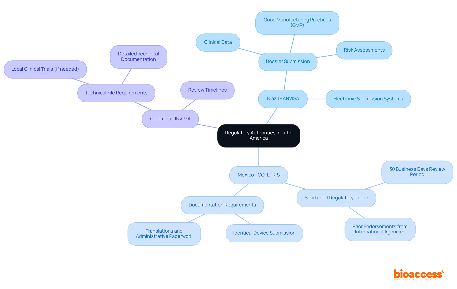 The central node represents the overall theme of regulatory authorities. Each branch shows a specific country and its regulatory body, with further details on the processes involved. This layout helps you understand how each authority operates and what is required for medical device approvals.