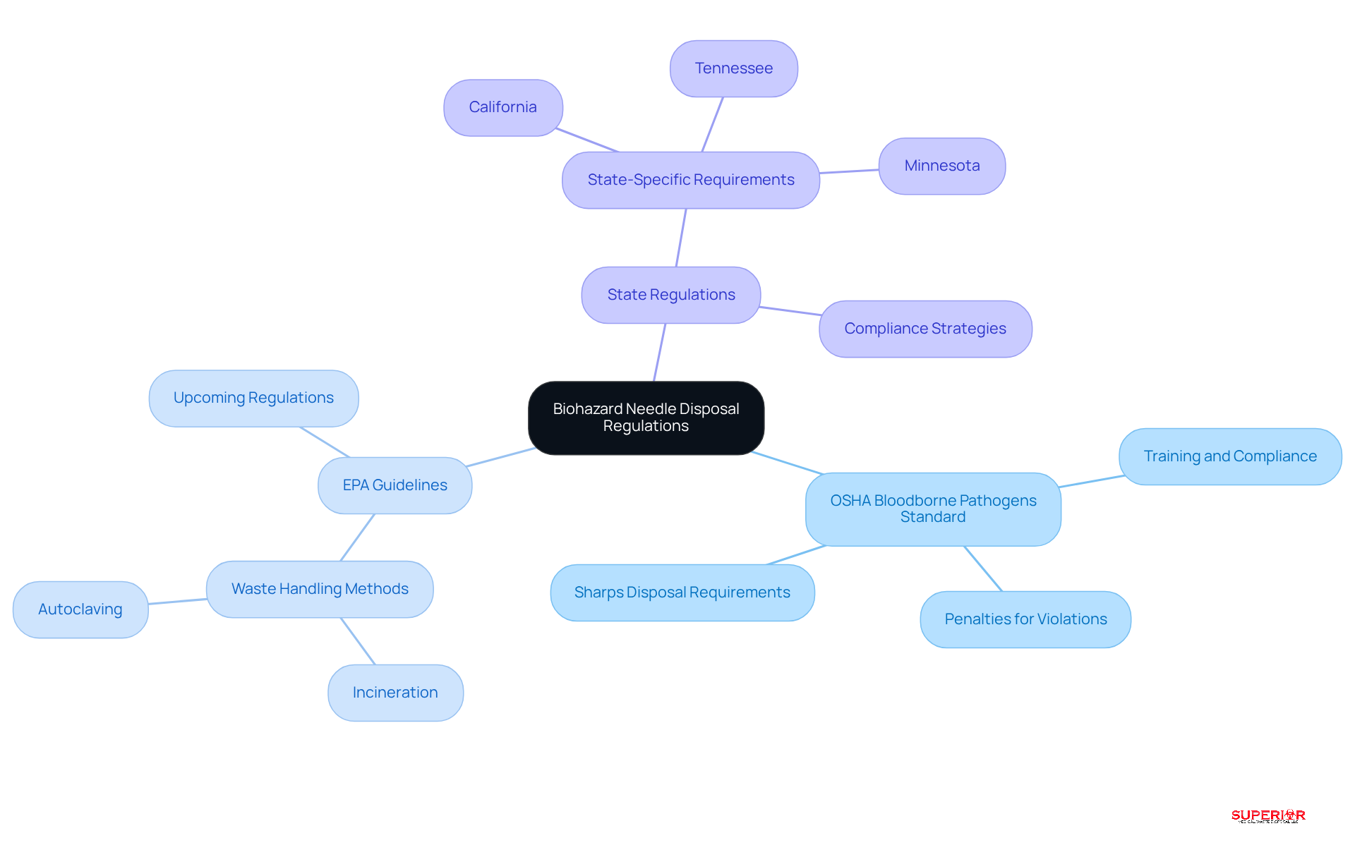 The central node represents the main topic, while the branches show different regulatory areas. Each sub-branch provides specific details, helping you understand how these regulations interconnect and their importance in healthcare waste management. The central node represents the main topic, while the branches show different regulatory areas. Each sub-branch provides specific details, helping you understand how these regulations interconnect and their importance in healthcare waste management.