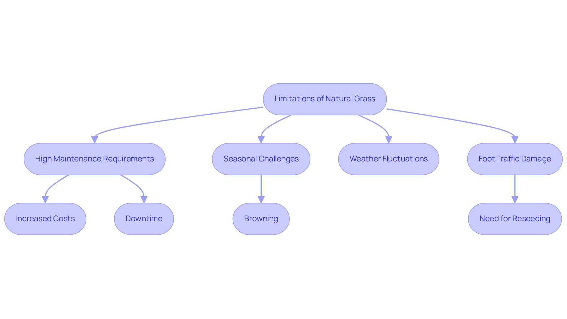 This flowchart outlines the main limitations of natural grass and how they lead to various challenges. Each box represents a limitation, and the arrows show how these issues connect to further complications, helping you understand the overall impact of maintaining natural turf. This flowchart outlines the main limitations of natural grass and how they lead to various challenges. Each box represents a limitation, and the arrows show how these issues connect to further complications, helping you understand the overall impact of maintaining natural turf.